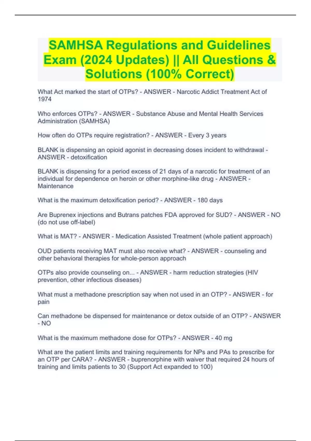 SAMHSA Regulations and Guidelines Exam (2024 Updates) || All Questions ...