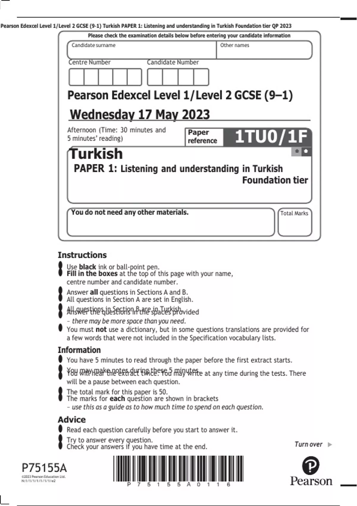Pearson Edexcel Level 1/Level 2 GCSE (9–1) Turkish PAPER 1: Listening ...