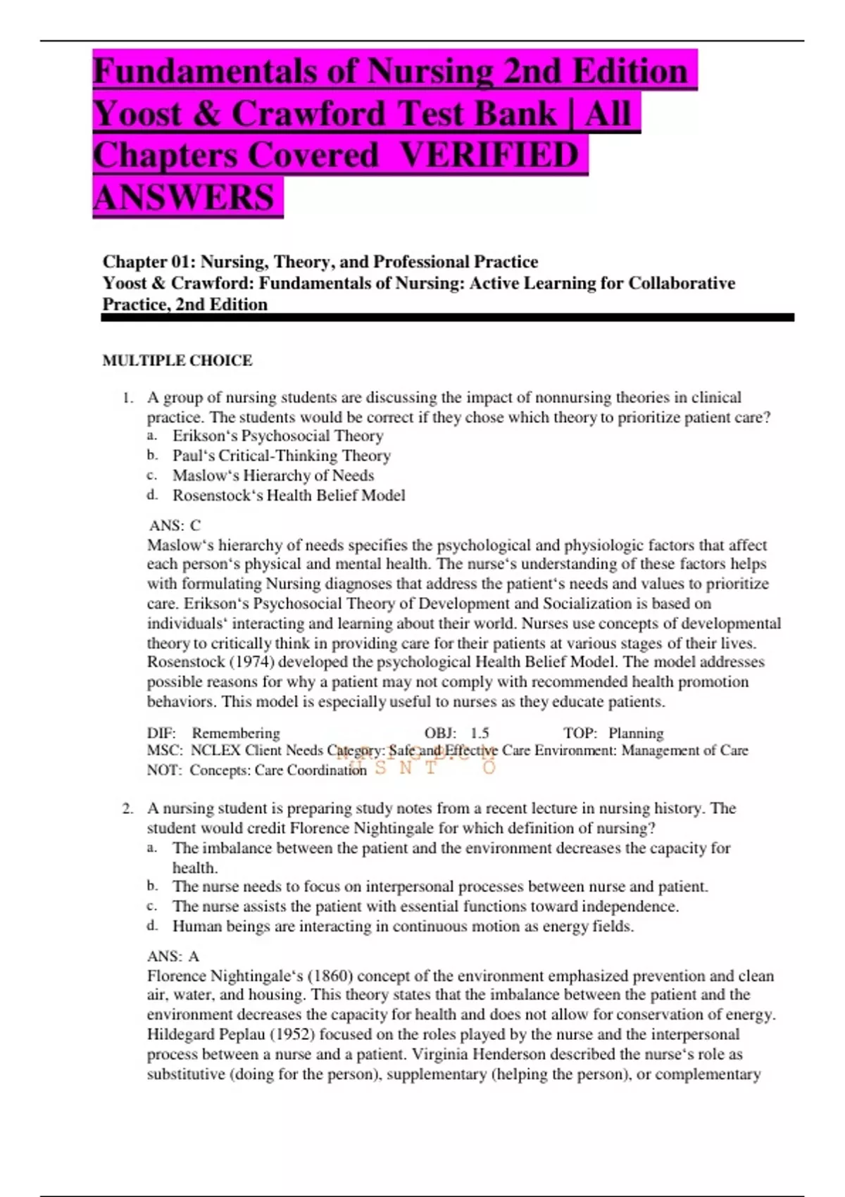 BEST REVIEW Fundamentals of Nursing 2nd Edition Yoost & Crawford Test ...
