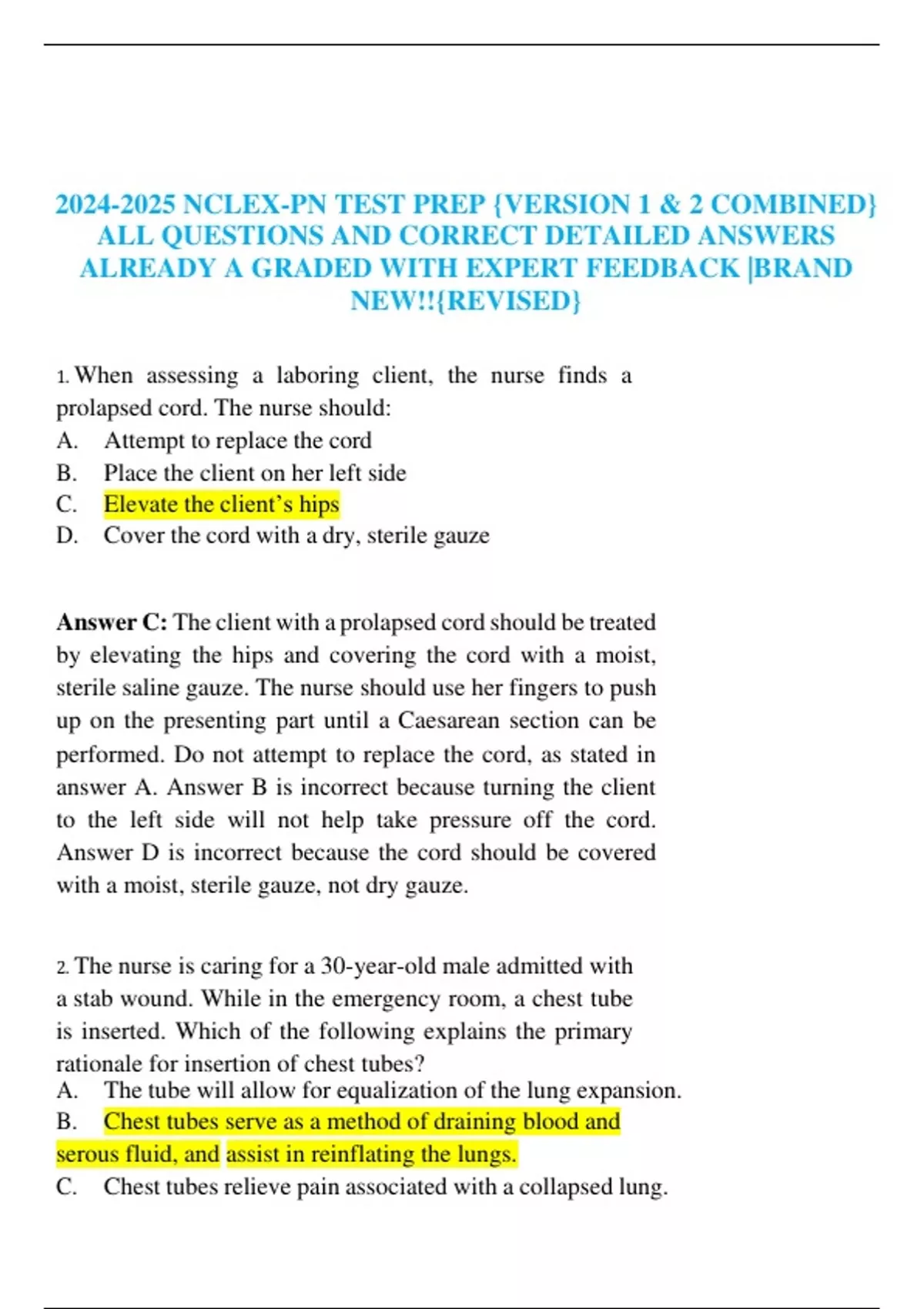 NCLEX-PN TEST PREP {VERSION 1 & 2 COMBINED} ALL QUESTIONS AND CORRECT ...