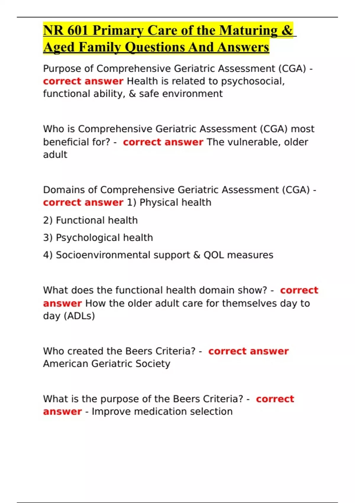 NR 601 Primary Care of the Maturing & Aged Family Questions And Answers ...