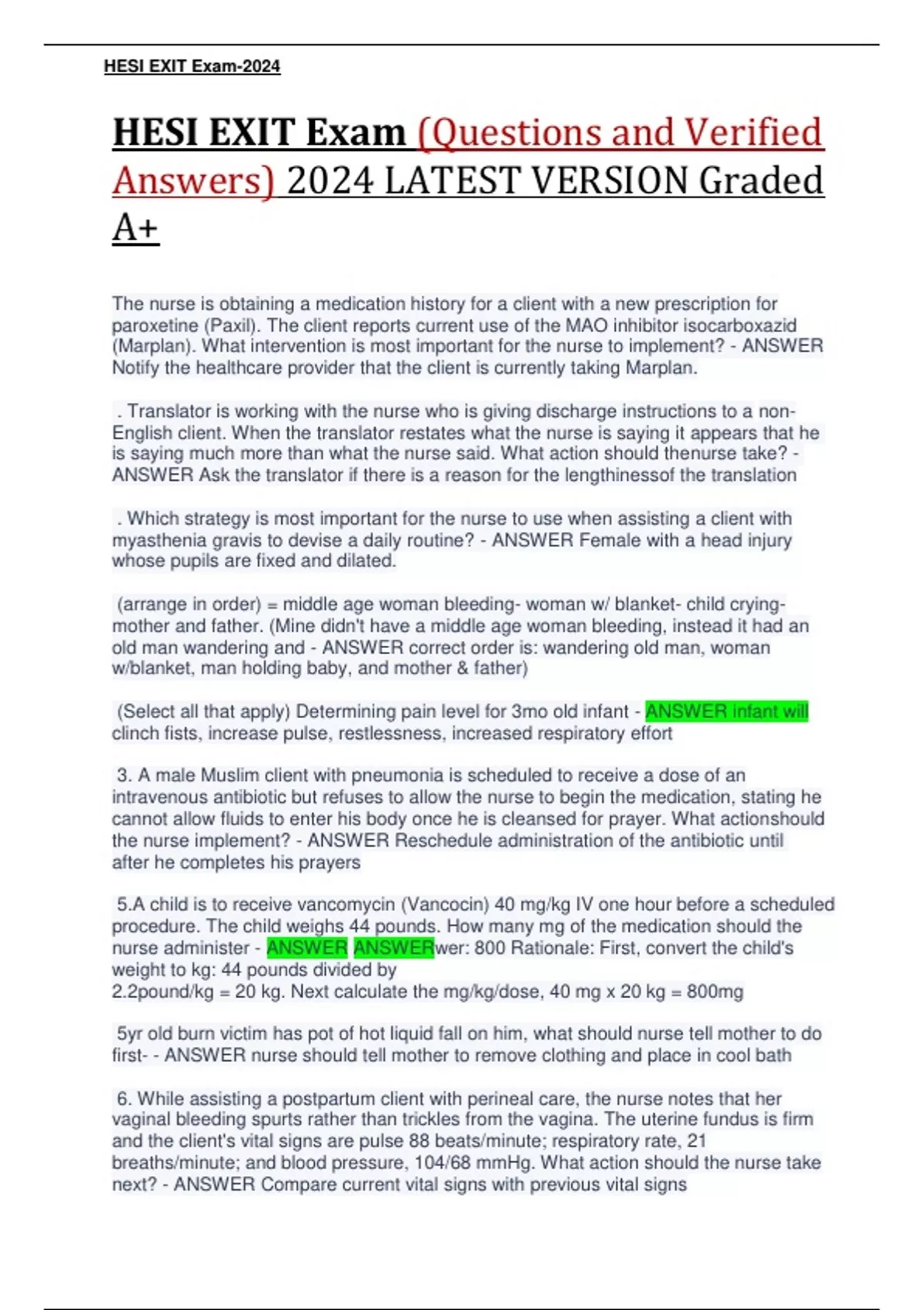 HESI EXIT Exam (Questions and Verified Answers) 2024 LATEST VERSION ...