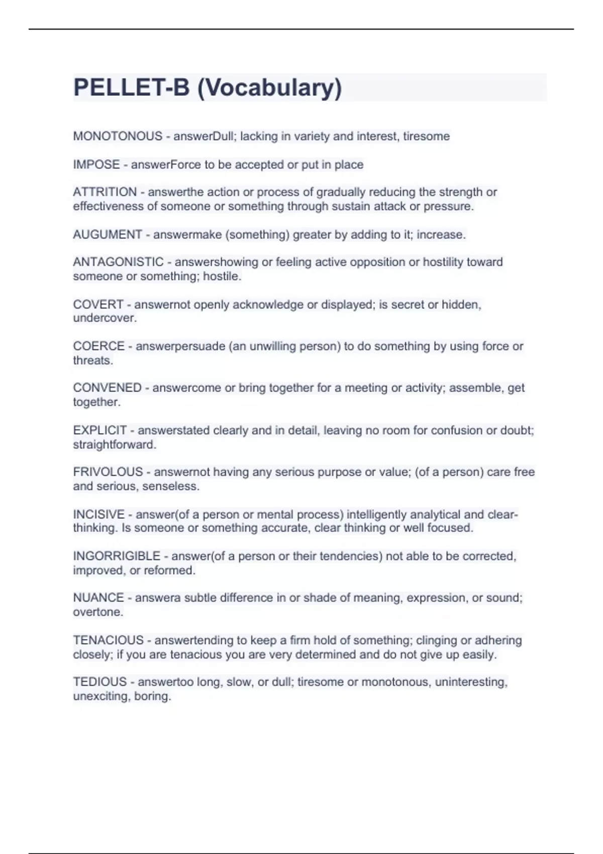 PELLET-B (Vocabulary).Questions and answers 2024 - PELLETB - Stuvia US