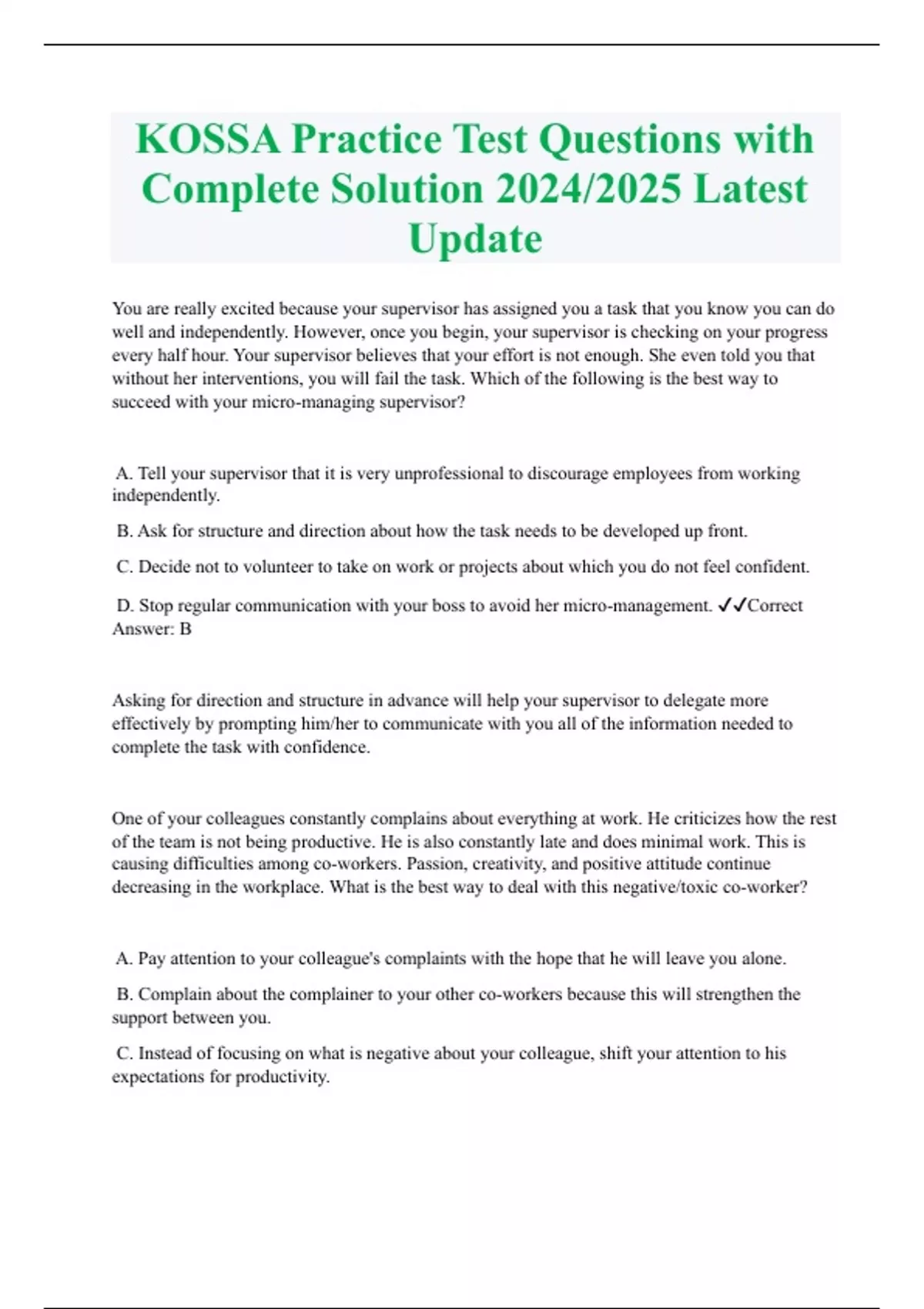 KOSSA Practice Test Questions with Complete Solution 2024/2025 Latest ...