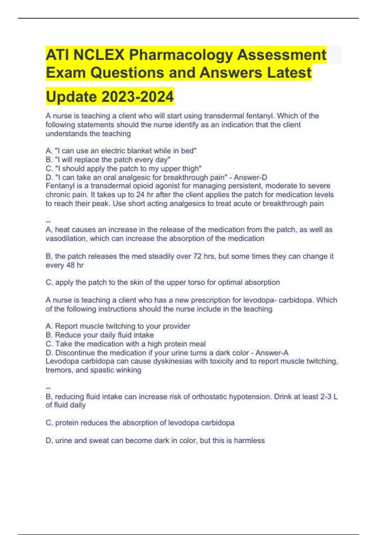 ATI NCLEX Pharmacology Assessment Exam Questions and Answers Latest ...