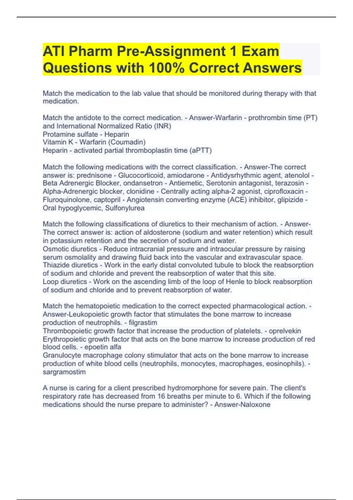 ATI Pharm Pre-Assignment 1 Exam Questions with 100% Correct Answers ...