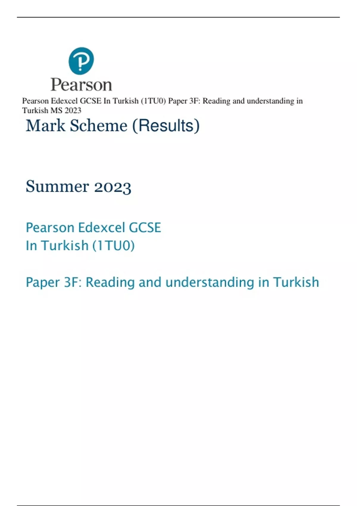 Pearson Edexcel GCSE In Turkish (1TU0) Paper 3F: Reading and ...