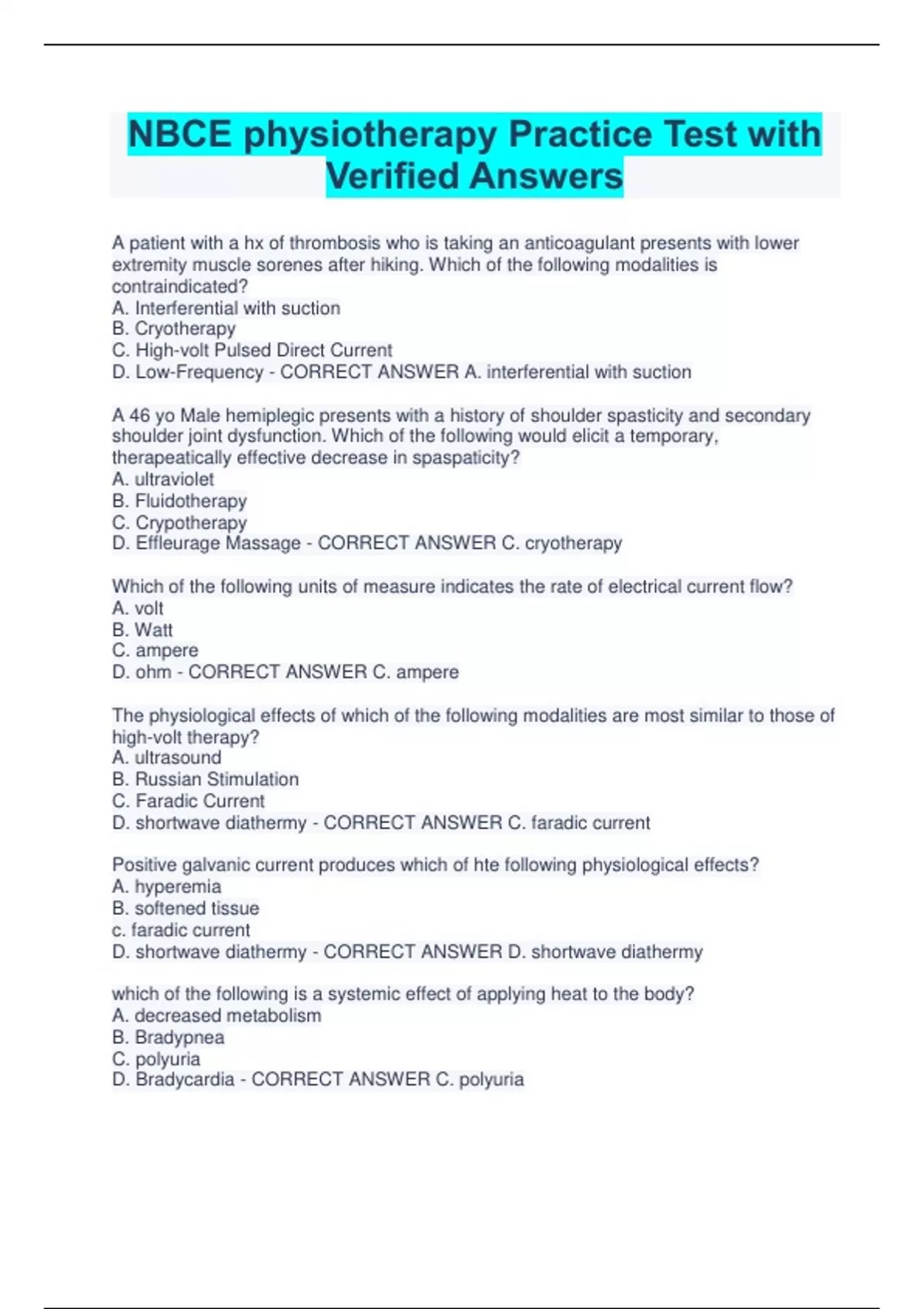 NBCE physiotherapy Practice Test with Verified Answers - NBCE - Stuvia US