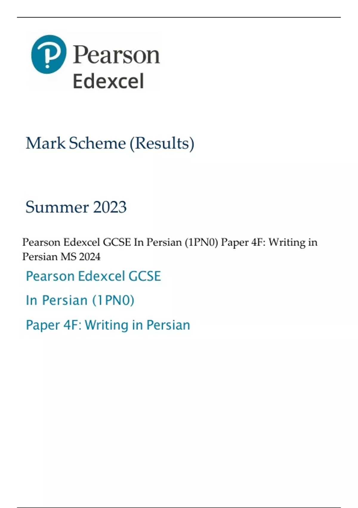Pearson Edexcel GCSE In Persian (1PN0) Paper 4F: Writing in Persian MS ...