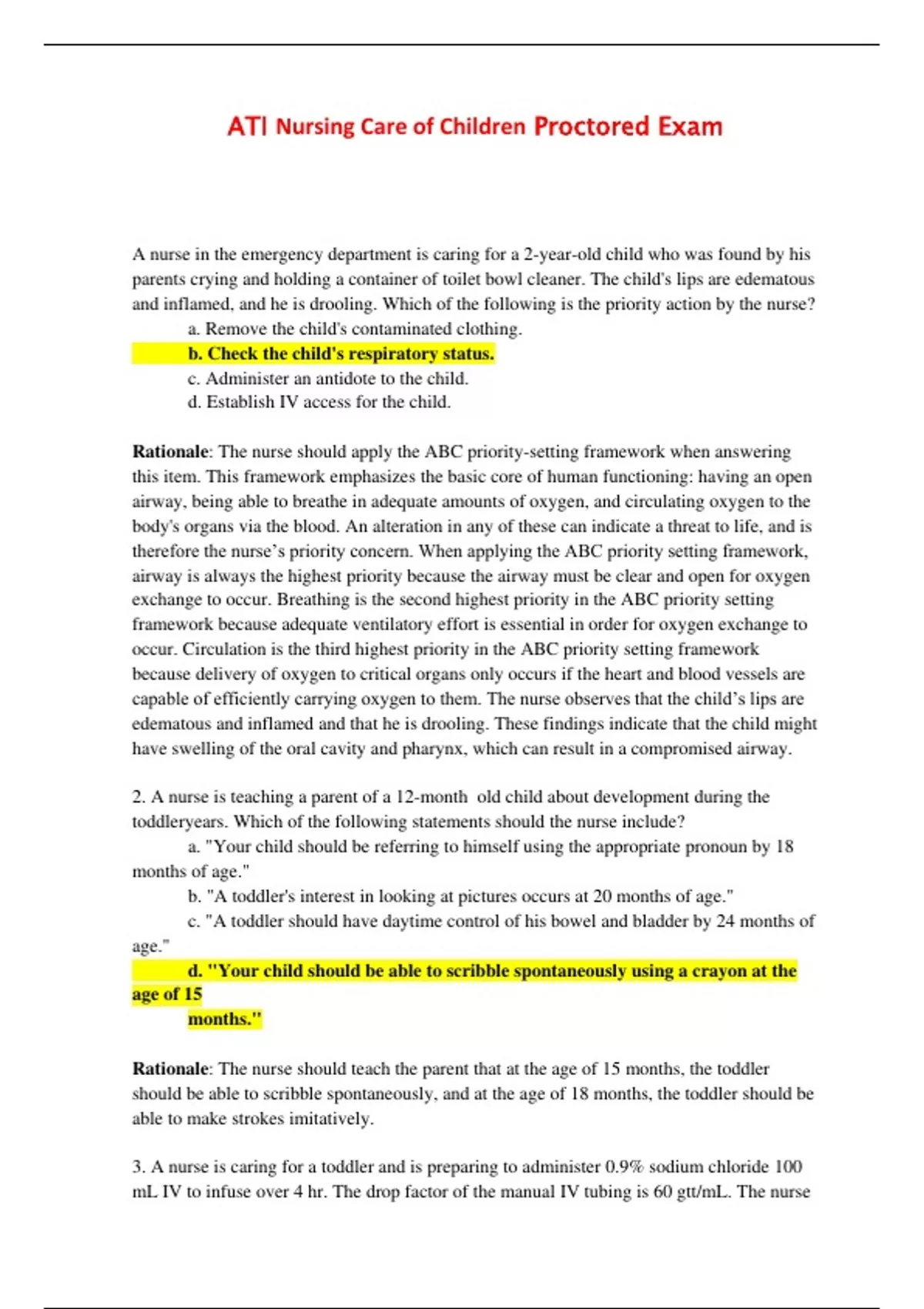 ATI Nursing Care of Children Proctored Exam with answers - ATI Nursing ...