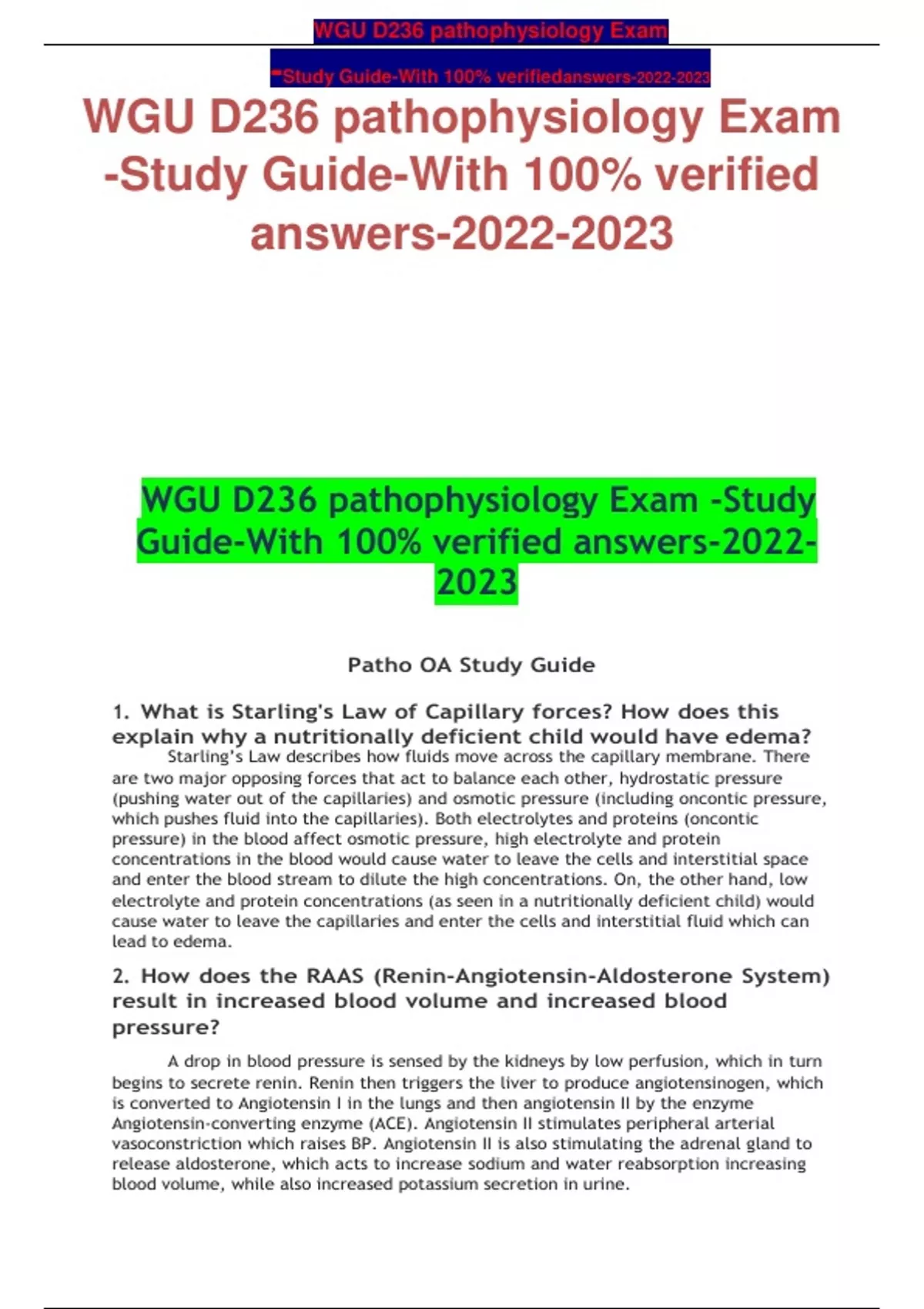 WGU D236 pathophysiology Exam Study Guide With 100% verified answers - Pathophysiology - Stuvia US