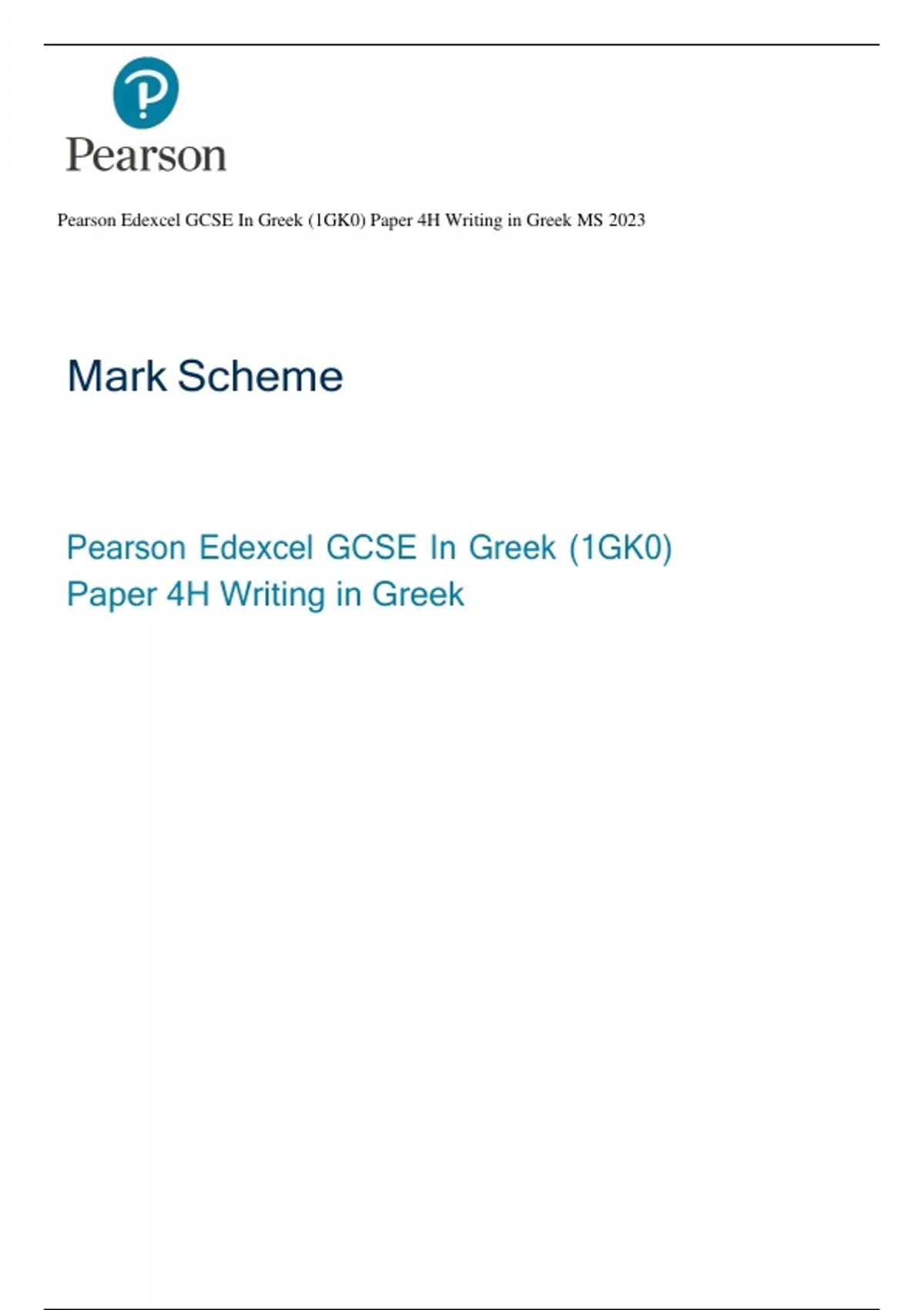 Pearson Edexcel GCSE In Greek (1GK0) Paper 4H Writing in Greek MS 2023 ...