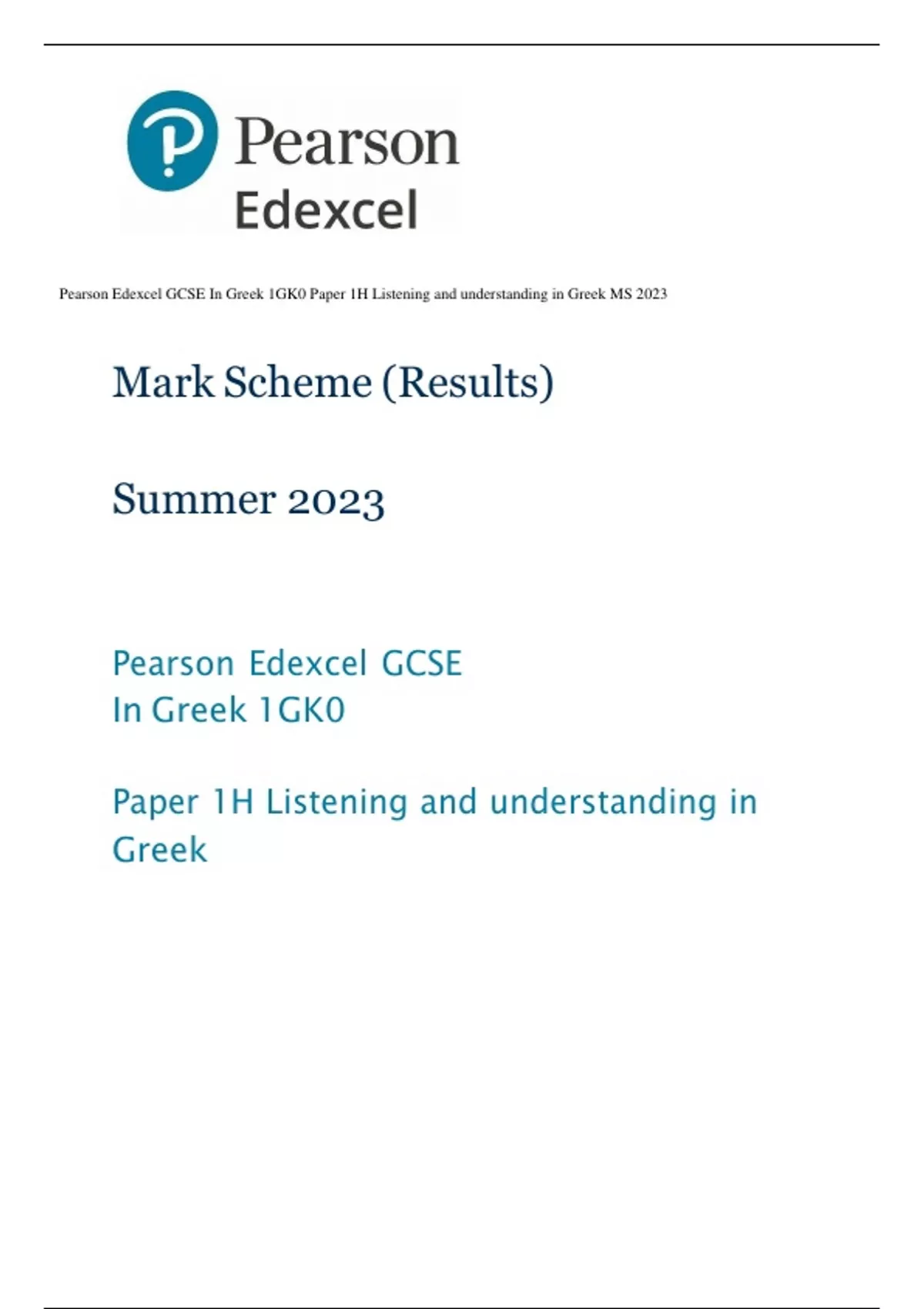 Pearson Edexcel GCSE In Greek 1GK0 Paper 1H Listening and understanding ...