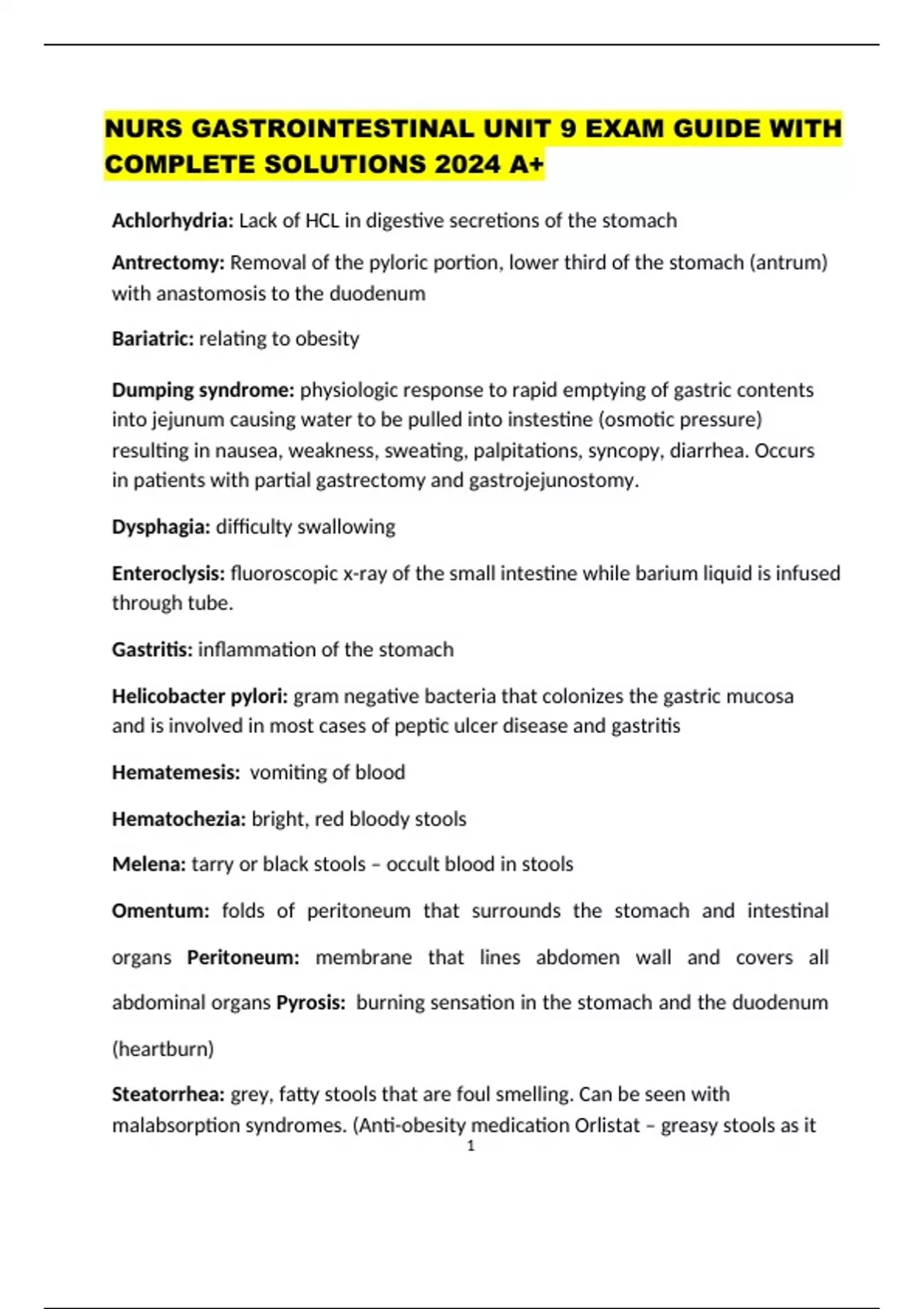Summary NURS GASTROINTESTINAL UNIT 9 EXAM GUIDE WITH COMPLETE SOLUTIONS ...