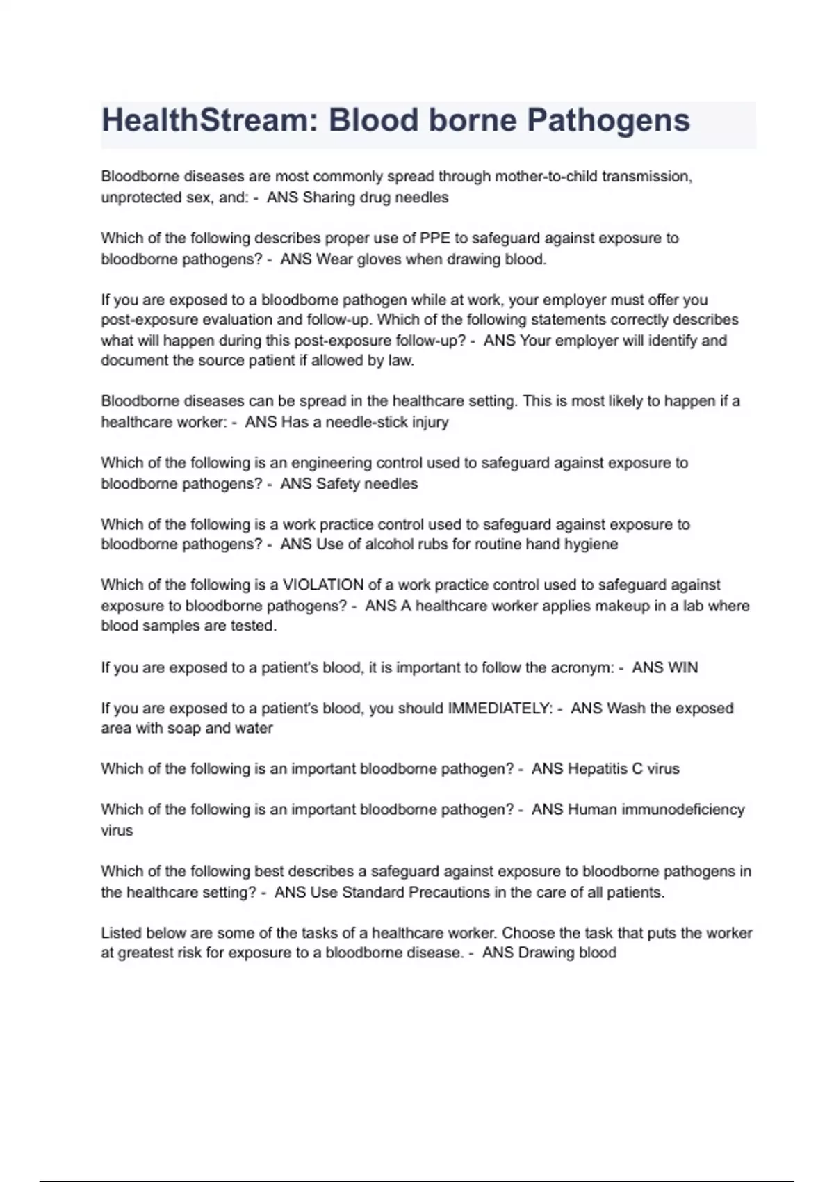 HealthStream: Blood borne Pathogens Exam Questions with complete ...