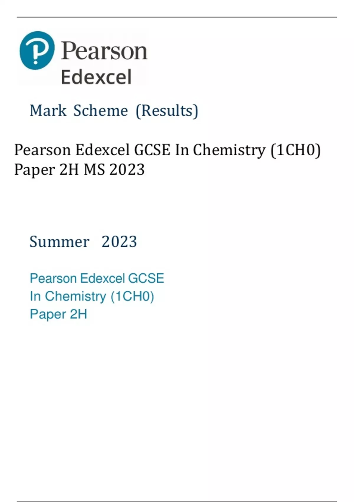 Pearson Edexcel GCSE In Chemistry (1CH0) Paper 2H MS 2023 - Pearson ...