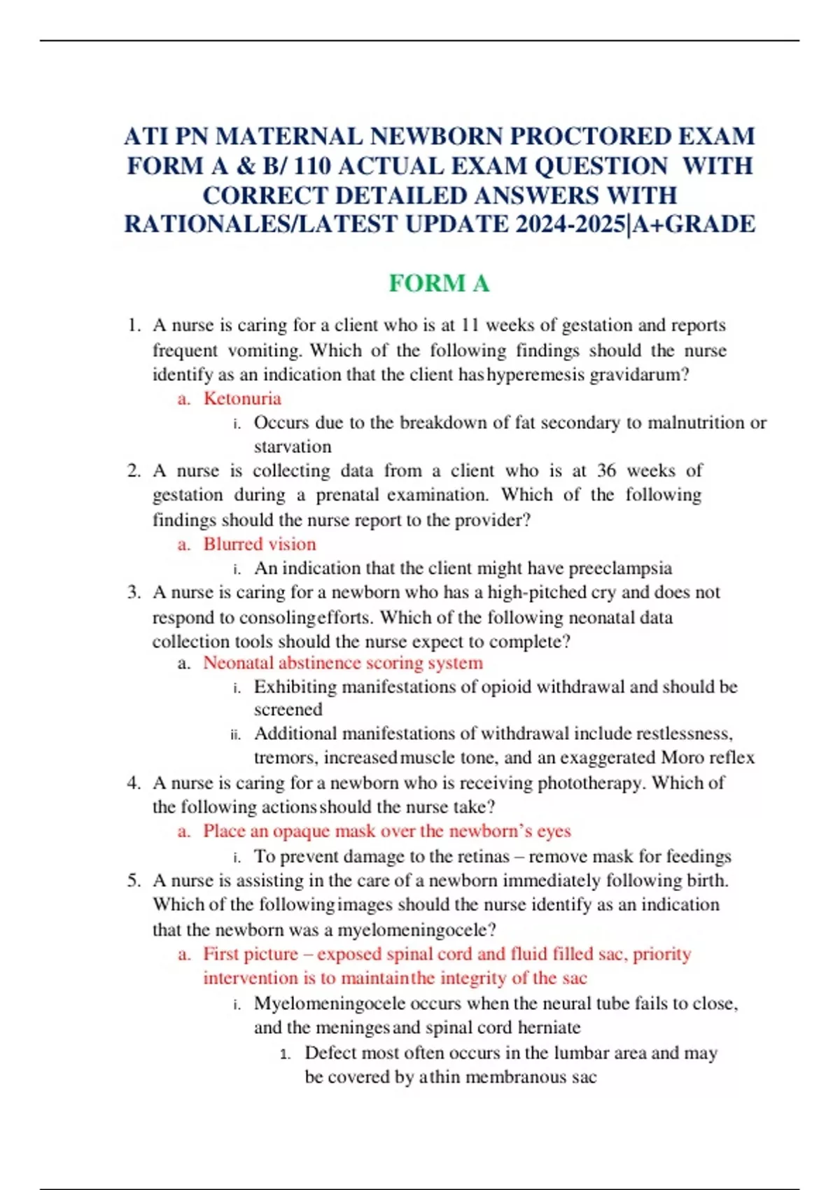 ATI PN MATERNAL NEWBORN PROCTORED EXAM FORM A & B/ 110 ACTUAL EXAM ...