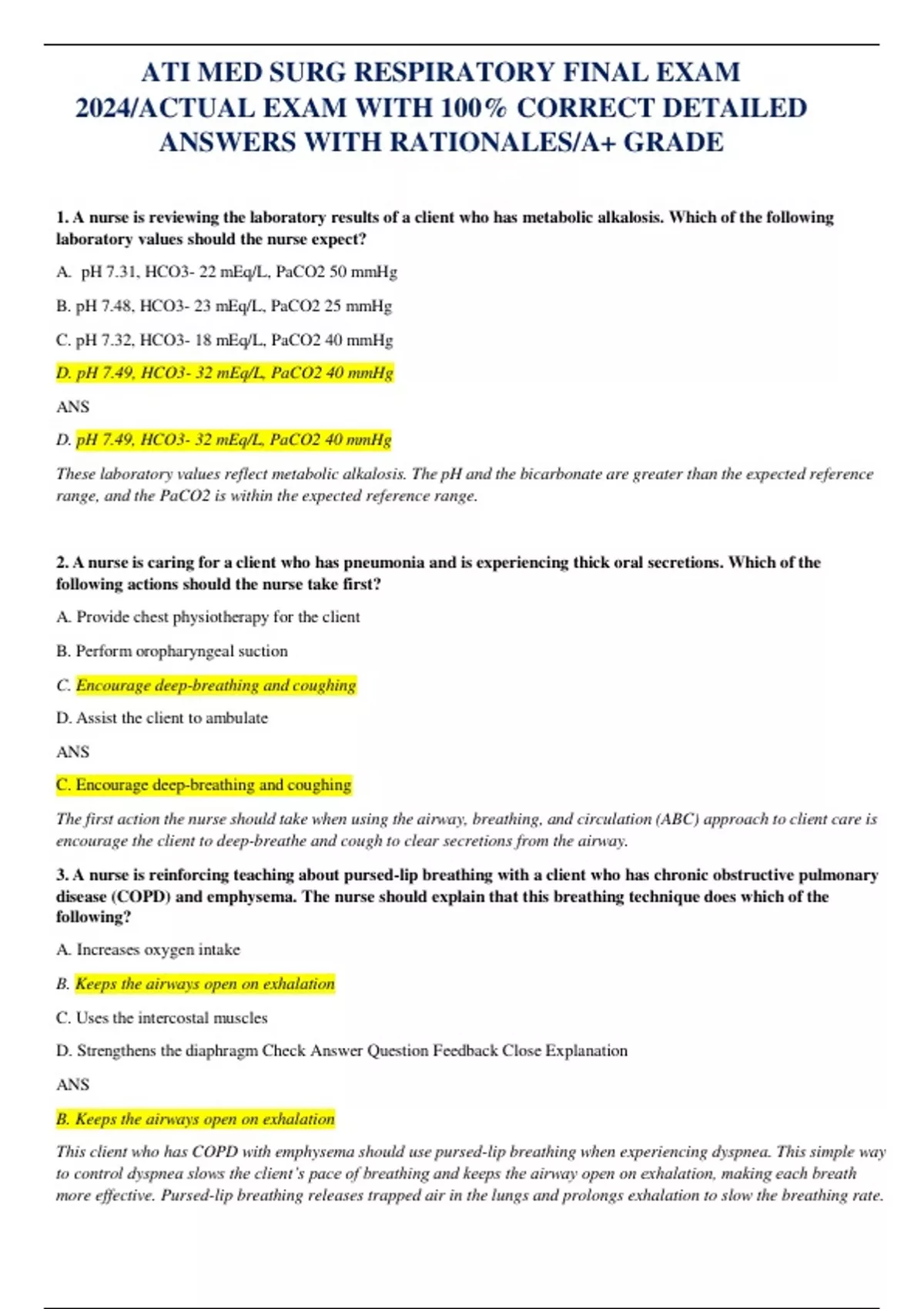 ATI MED SURG RESPIRATORY FINAL EXAM 2024/ACTUAL EXAM WITH 100% CORRECT ...