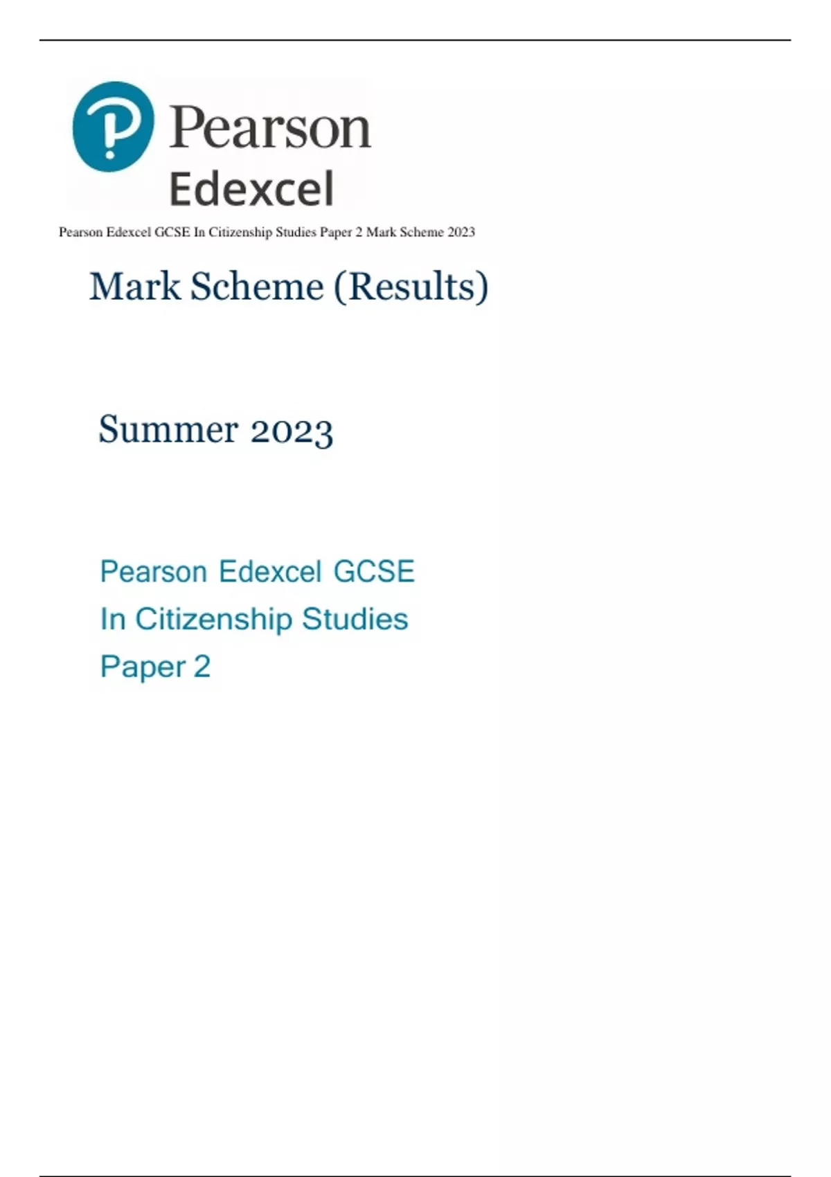 Pearson Edexcel GCSE In Citizenship Studies Paper 2 Mark Scheme 2023 ...