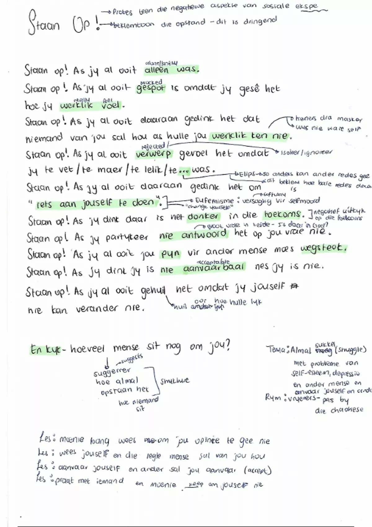 Summary Annotated notes of "Staan op" Afrikaans poem - Afrikaans First ...
