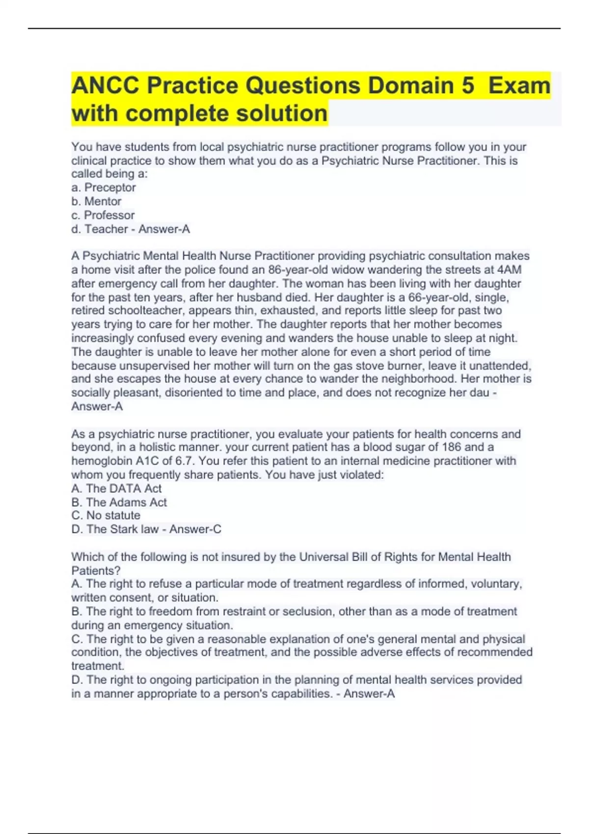 ANCC Practice Questions Domain 5 Exam with complete solutions - ANCC ...