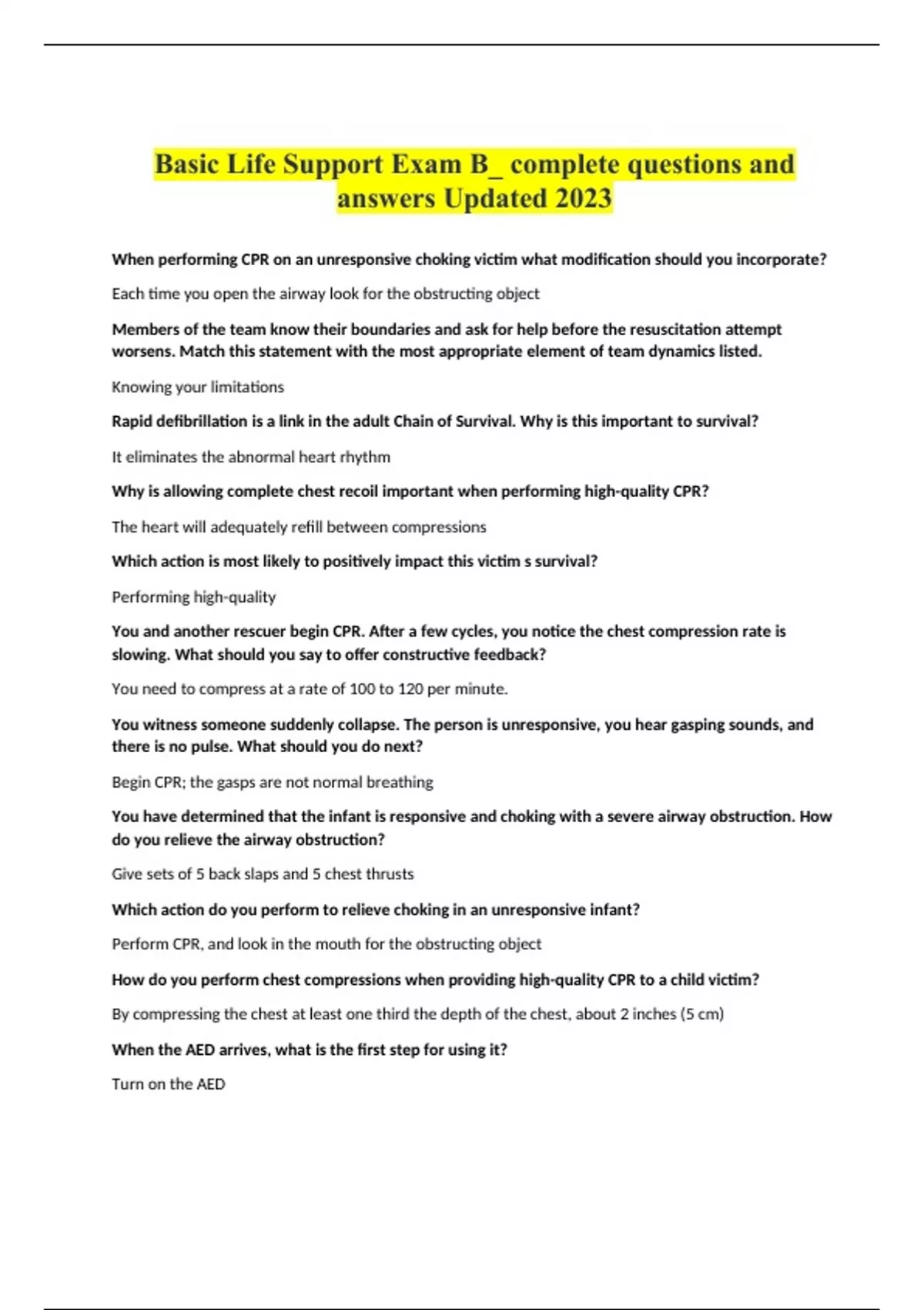 Basic Life Support Exam B_ complete questions and answers Updated 2023 ...
