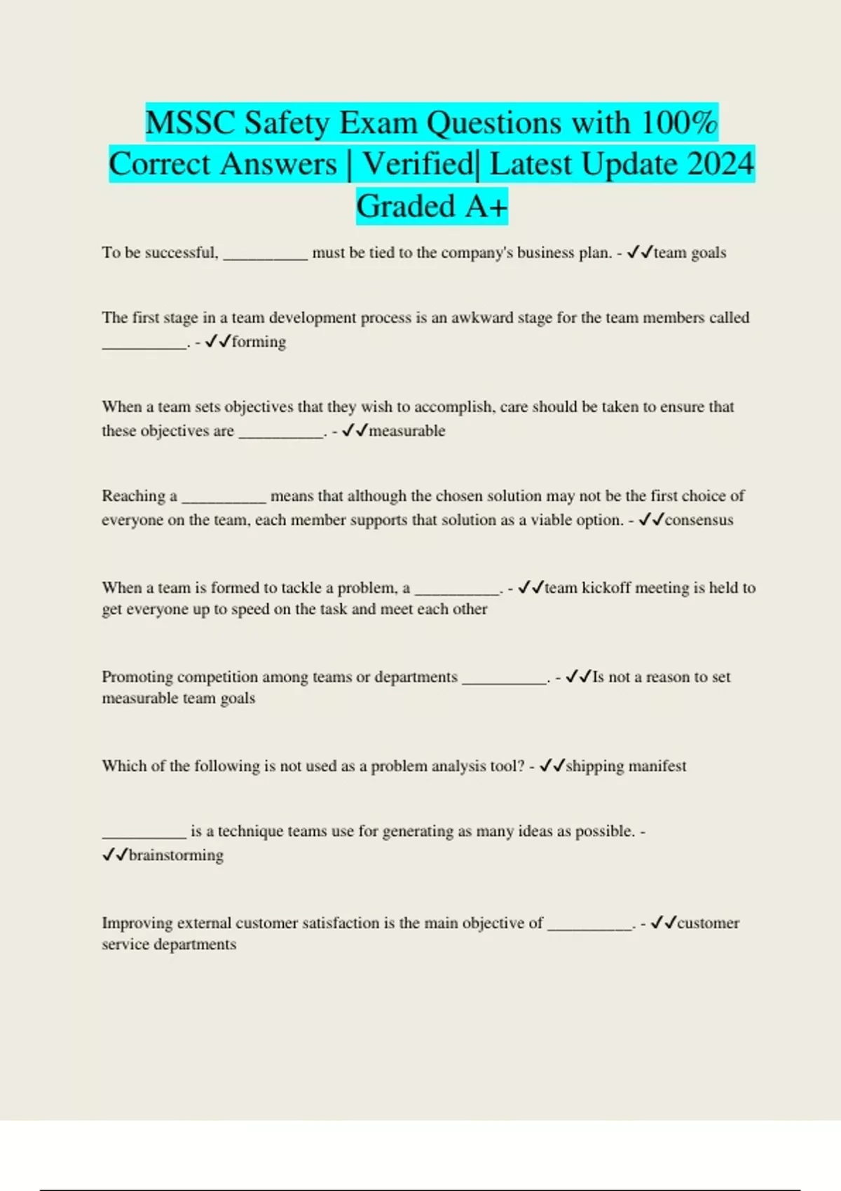 MSSC Safety Exam Questions with 100% Correct Answers | Verified| Latest ...