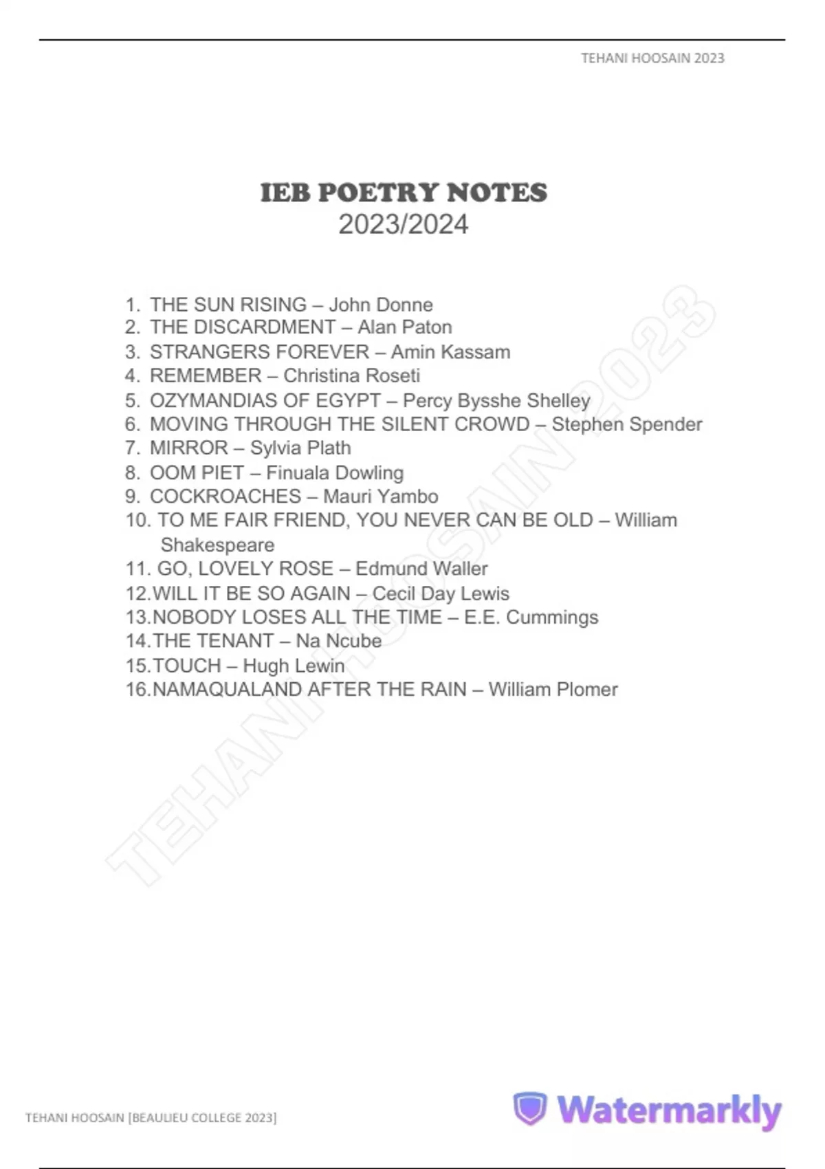 IEB English matric poetry notes 2023/2024 - English Home Language ...