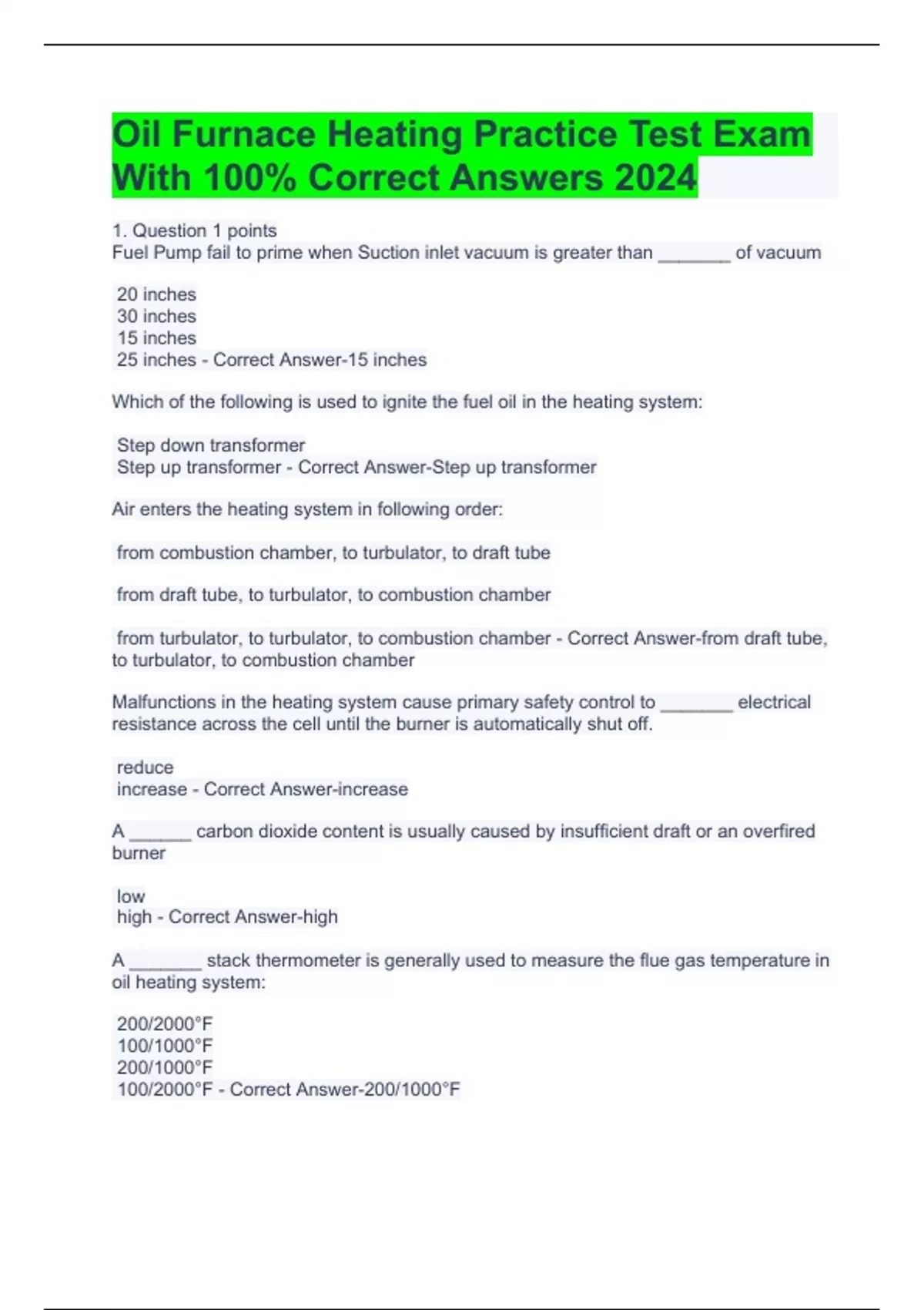 Oil Furnace Heating Practice Test Exam With 100% Correct Answers 2024 ...