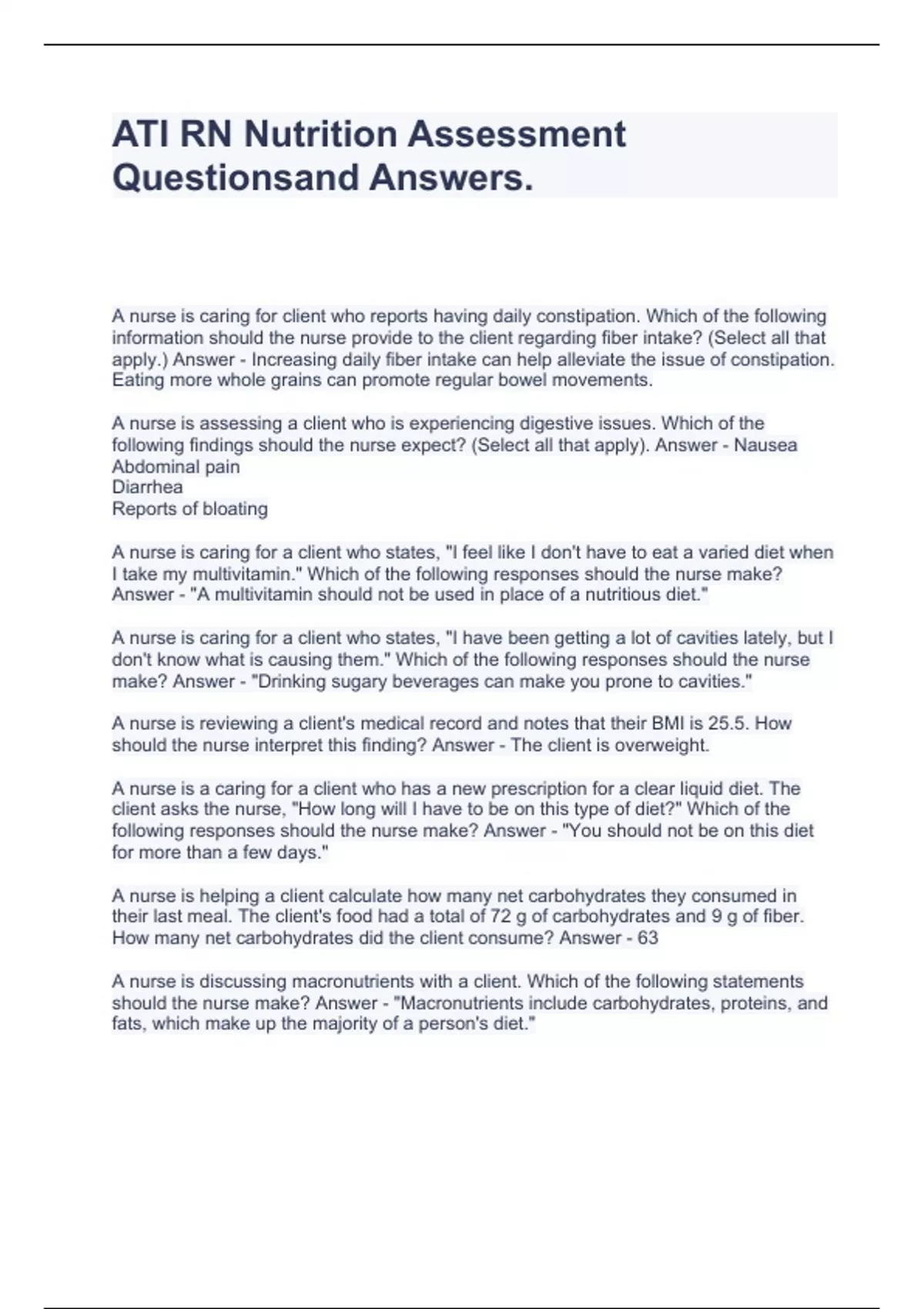 ATI RN Nutrition Assessment Questionsand Answers - NURSING NUTRITION ...