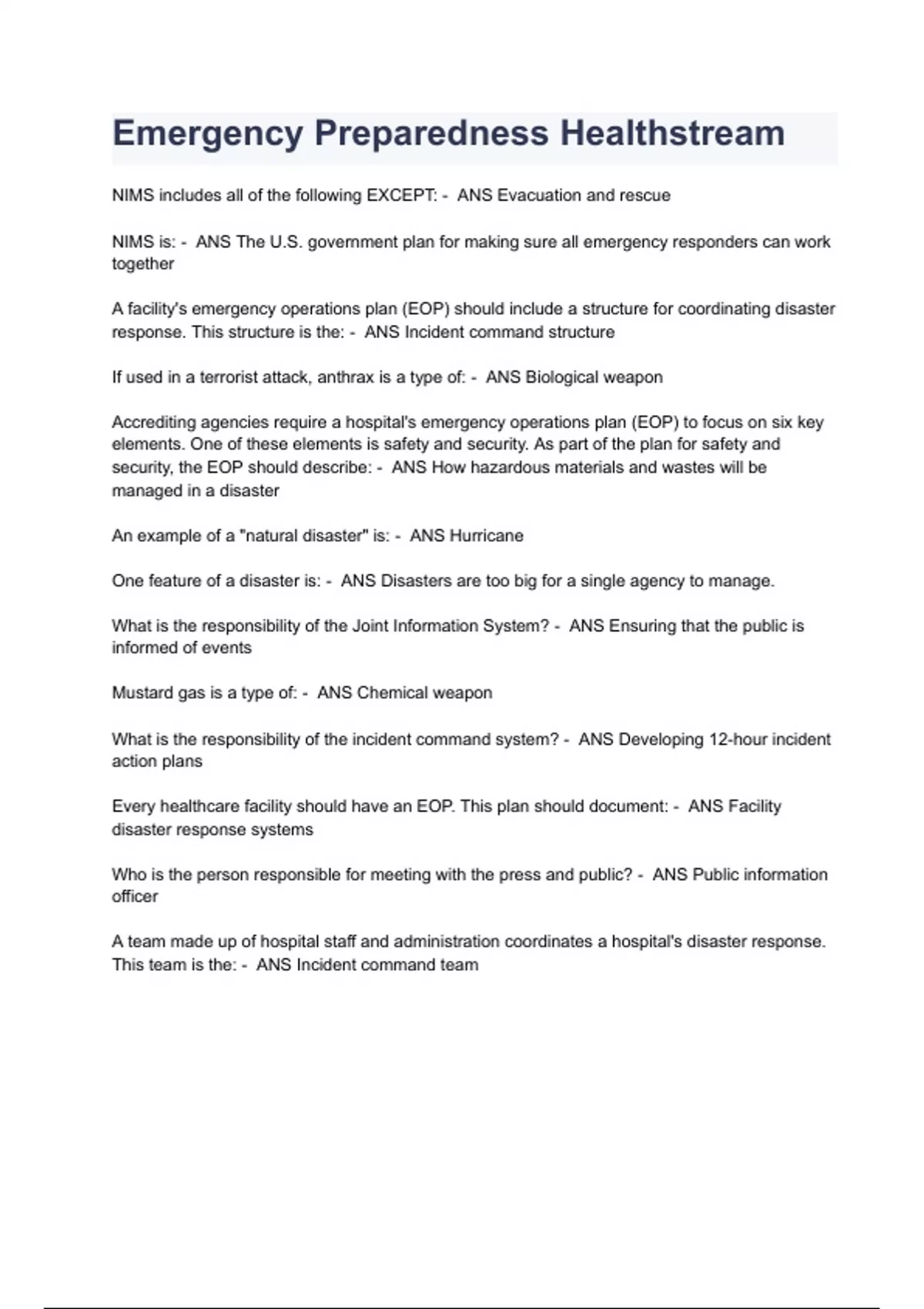 Emergency Preparedness Healthstream Exam Questions with complete ...