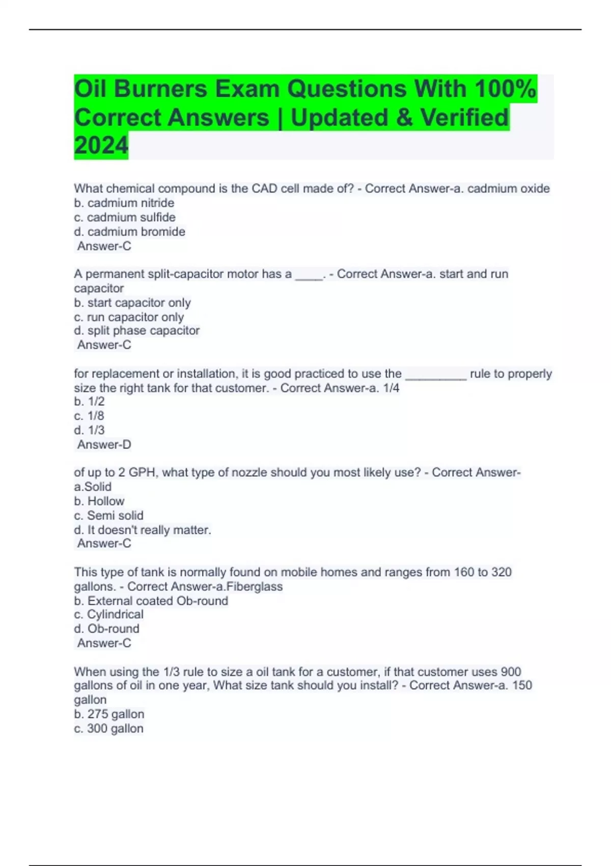 Oil Burners Exam Questions With 100% Correct Answers | Updated ...