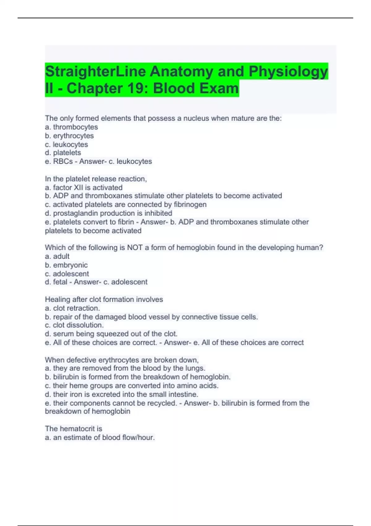 StraighterLine Anatomy and Physiology II - Chapter 19 Blood Exam ...