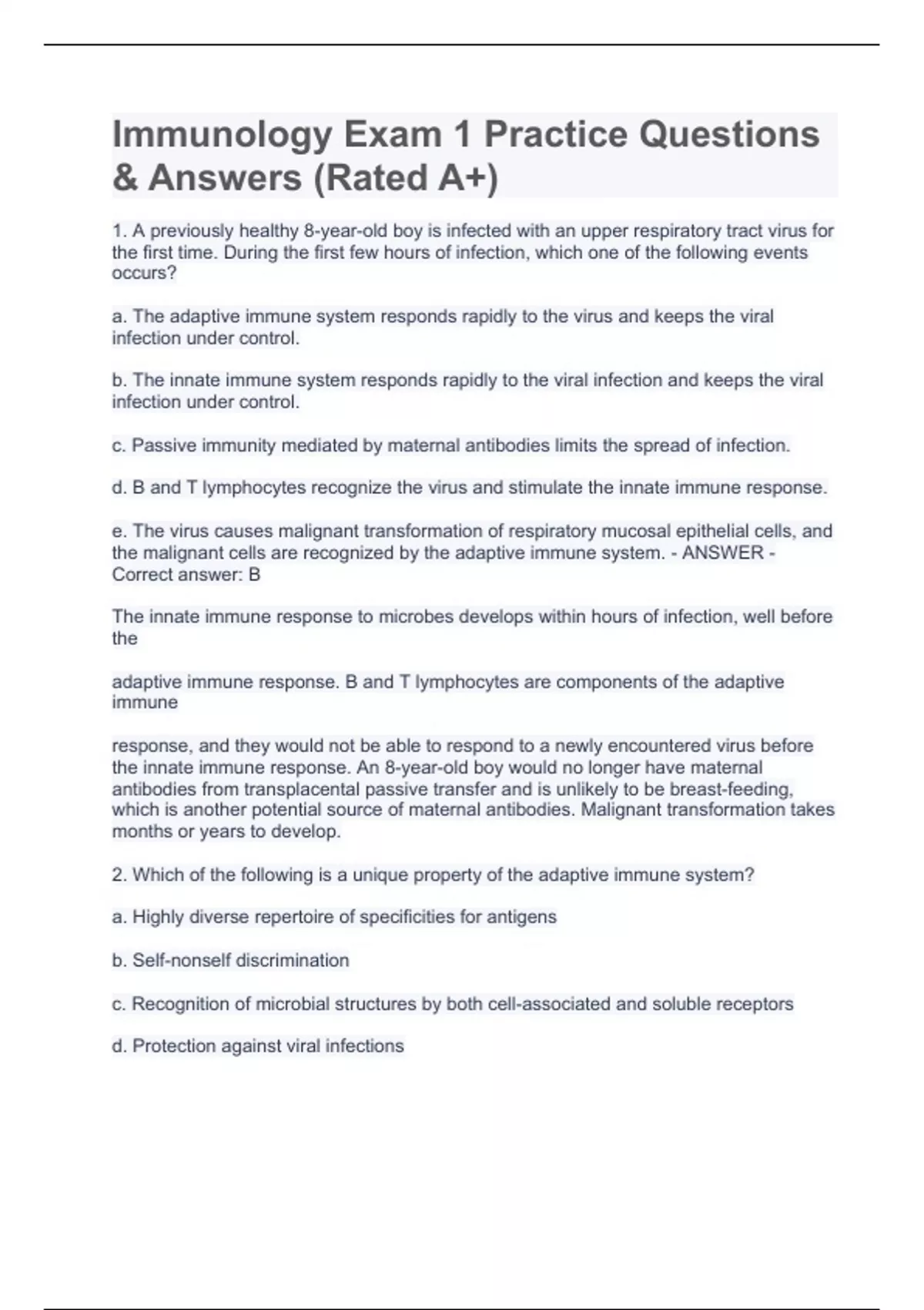 Immunology Exam 1 Practice Questions & Answers (Rated A+) - Immunology ...