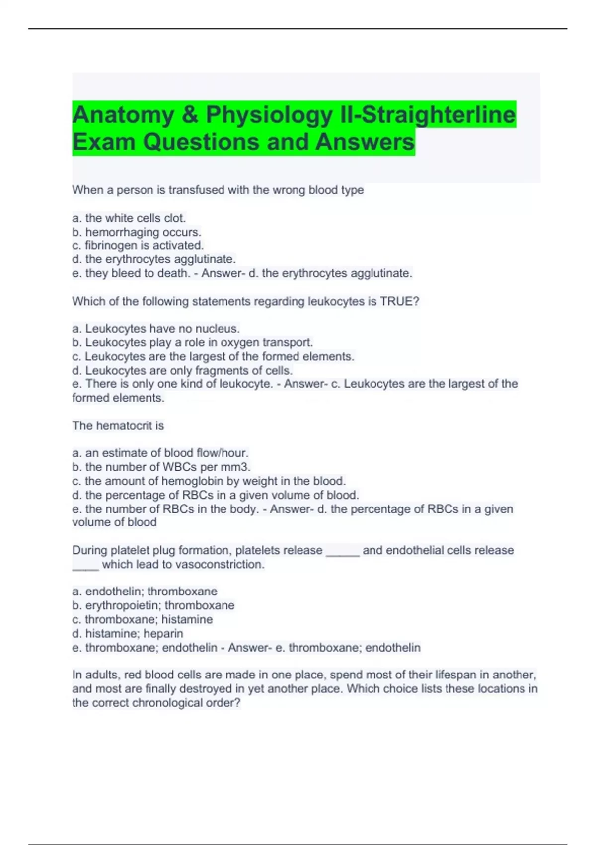 Anatomy & Physiology II-Straighterline Exam Questions and Answers ...