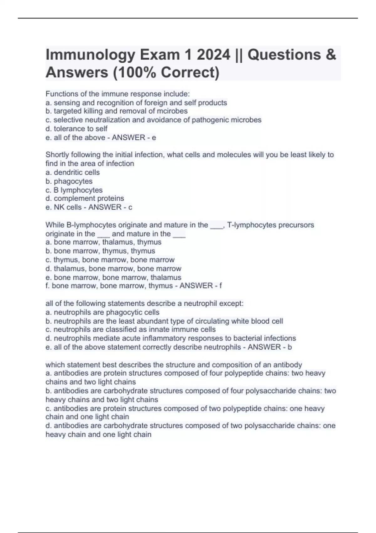Immunology Exam 1 2024 || Questions & Answers (100% Correct) - Immunology - Stuvia US