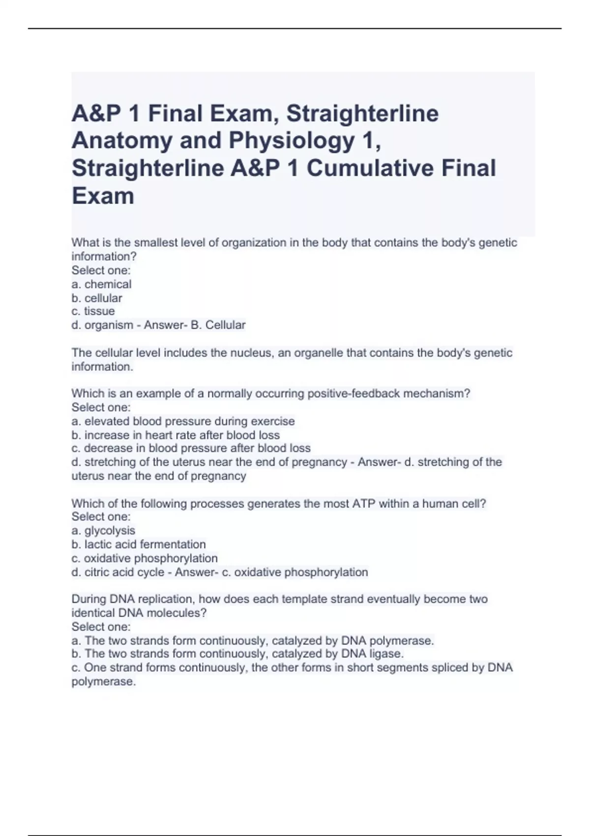 A&P 1 Final Exam, Straighterline Anatomy and Physiology 1 ...