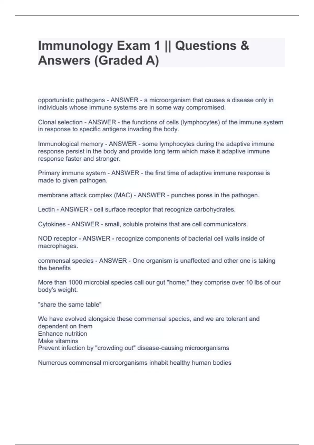 Immunology Exam 1 || Questions & Answers (Graded A) - Immunology ...