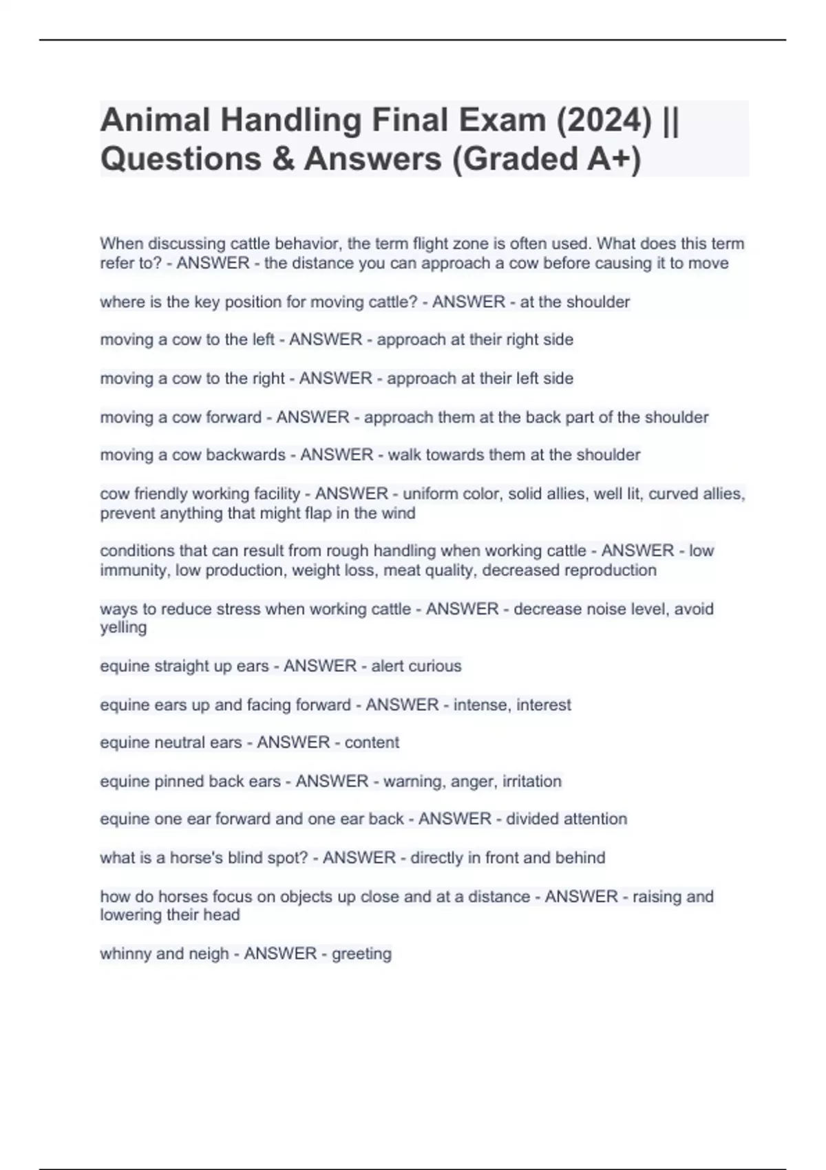 Animal Handling Final Exam (2024) || Questions & Answers (Graded A+ ...