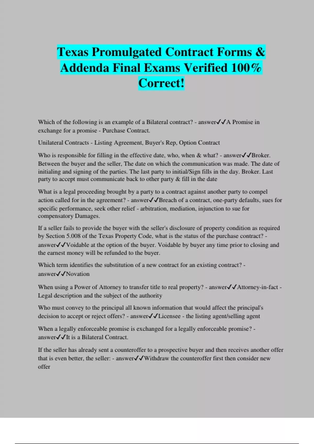 Promulgated Contract Forms exam bundle with complete solutions 100% ...