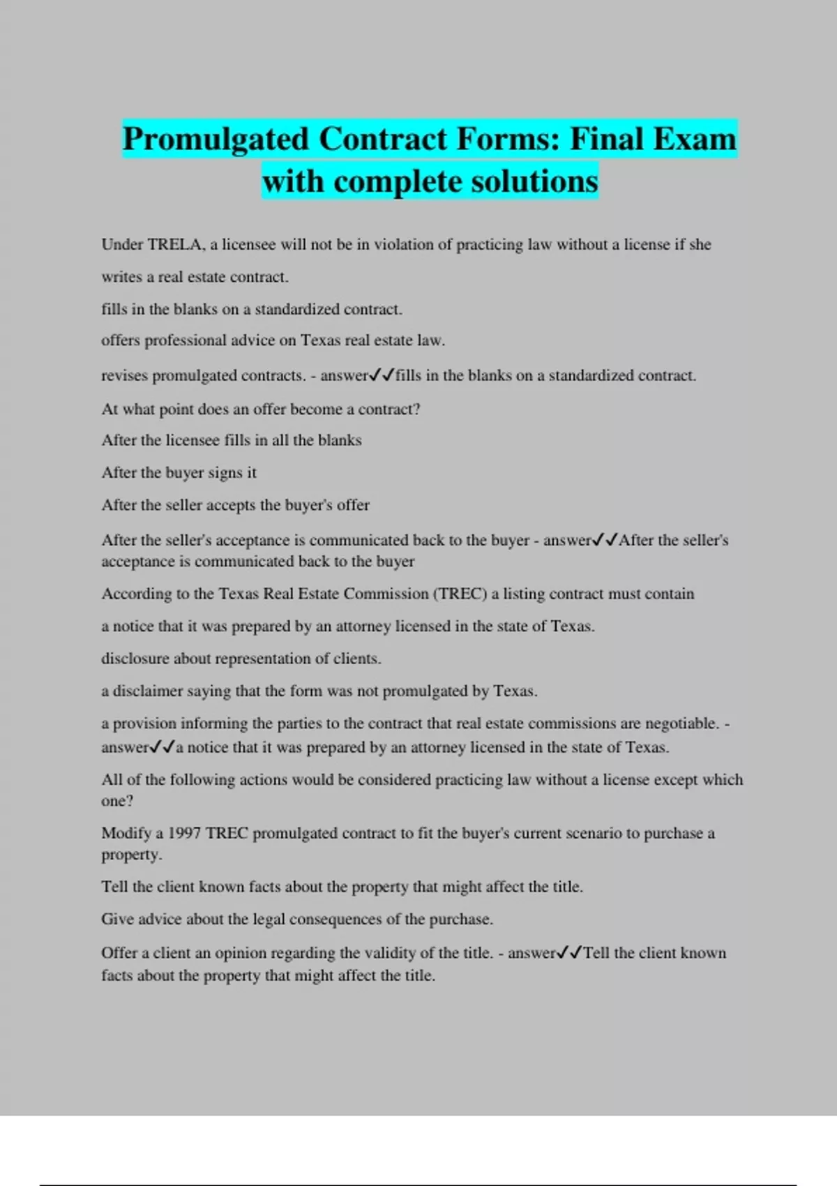 Promulgated Contract Forms: Final Exam with complete solutions ...