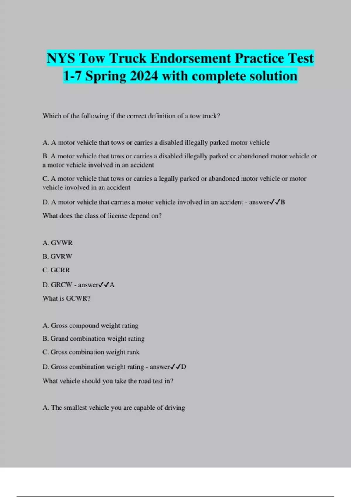 NYS Tow Truck Endorsement Practice Test 1-7 Spring 2024 with complete ...