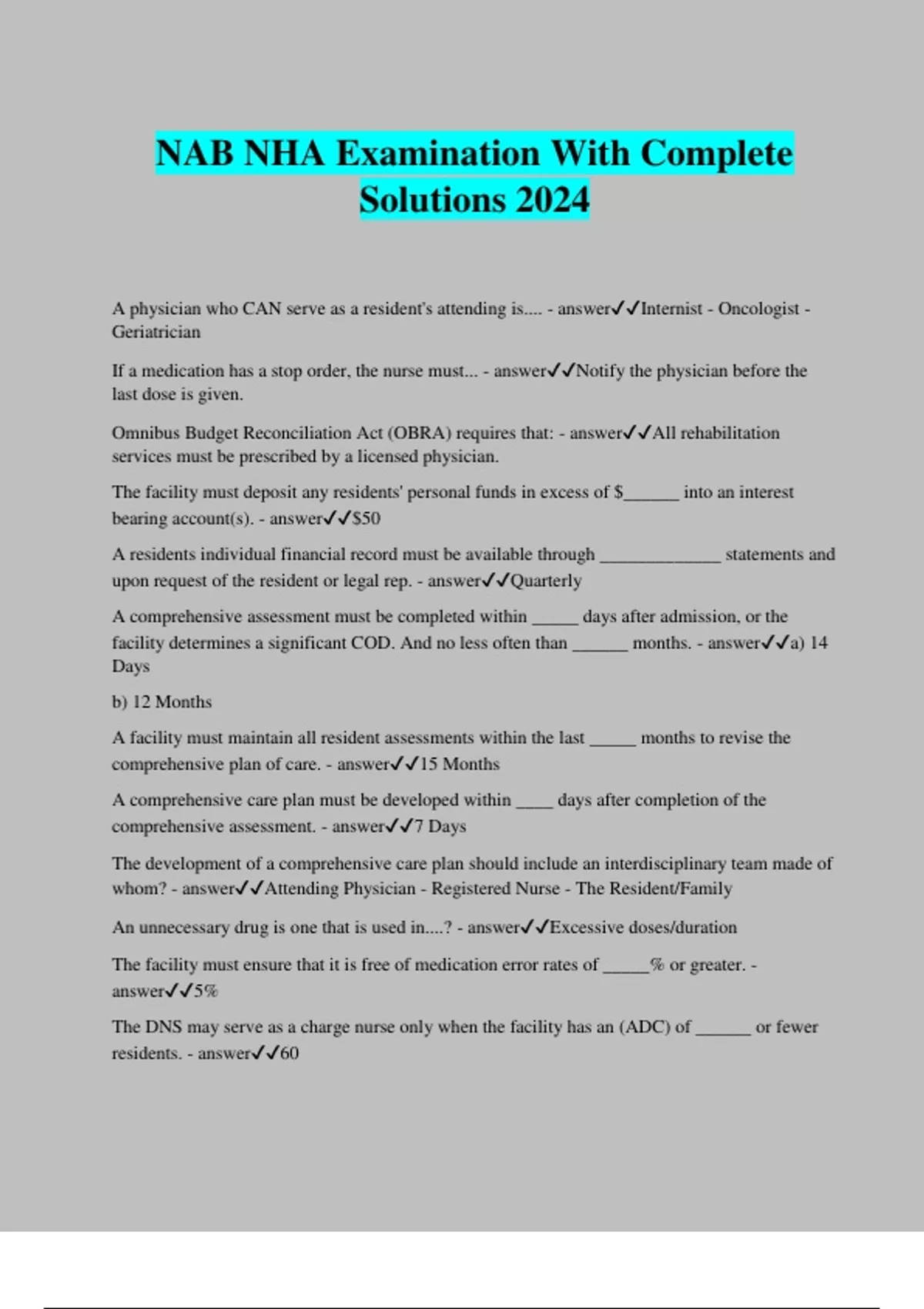 NAB NHA Examination With Complete Solutions 2024 - Nab - Stuvia US