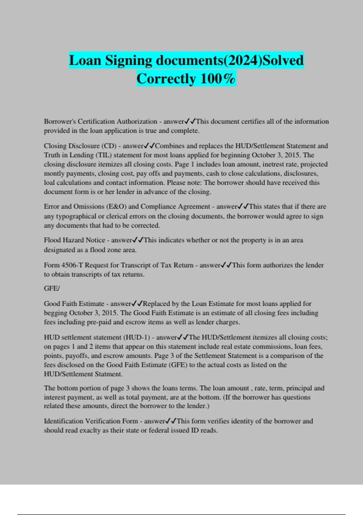 Loan Signing documents(2024)Solved Correctly 100% - Loan Signing ...