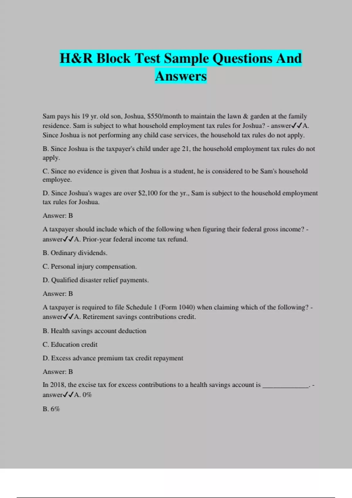 H&R Block Test Sample Questions And Answers - HRB - Stuvia US