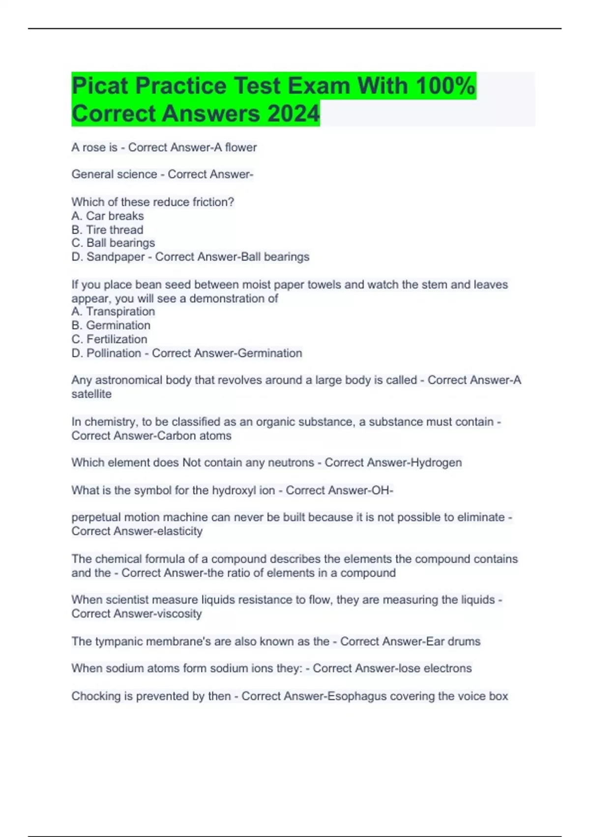 Picat Practice Test Exam With 100% Correct Answers 2024 - Picat - Stuvia US