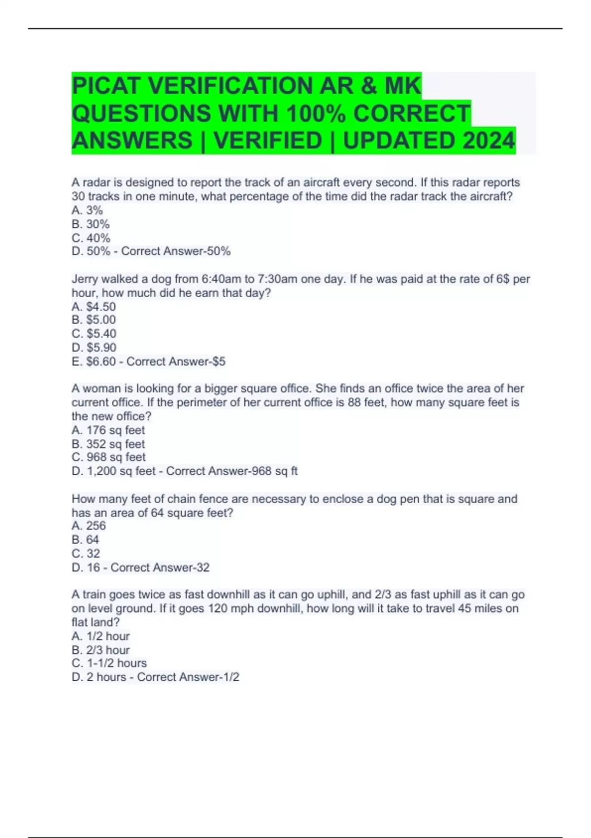 PICAT VERIFICATION AR & MK QUESTIONS WITH 100% CORRECT ANSWERS ...