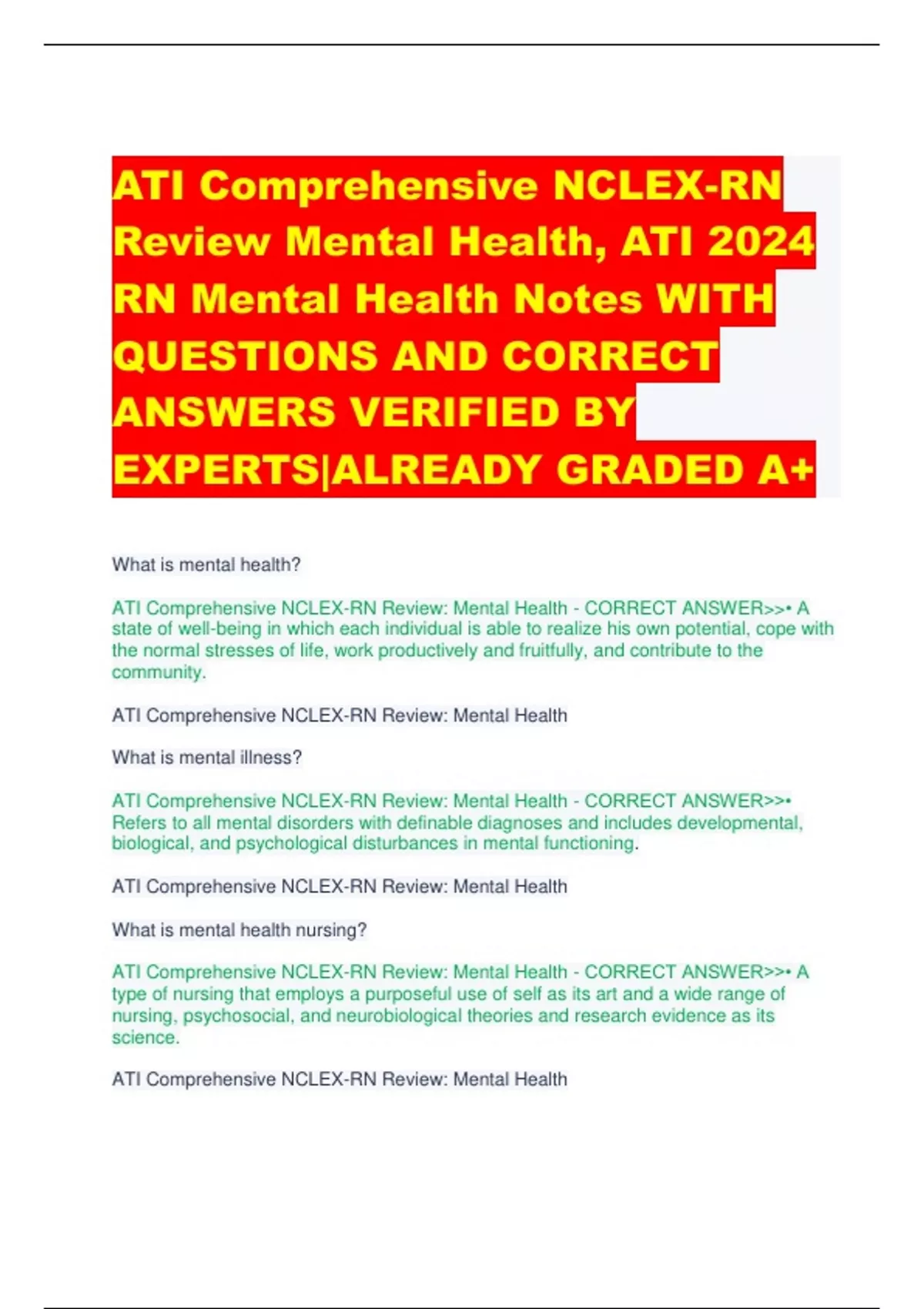 ATI Comprehensive NCLEX-RN Review Mental Health, ATI 2024 RN Mental ...