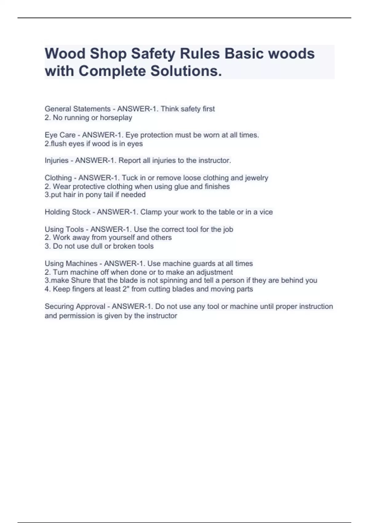 Wood Shop Safety Rules Basic woods with Complete Solutions. - Wood Shop ...