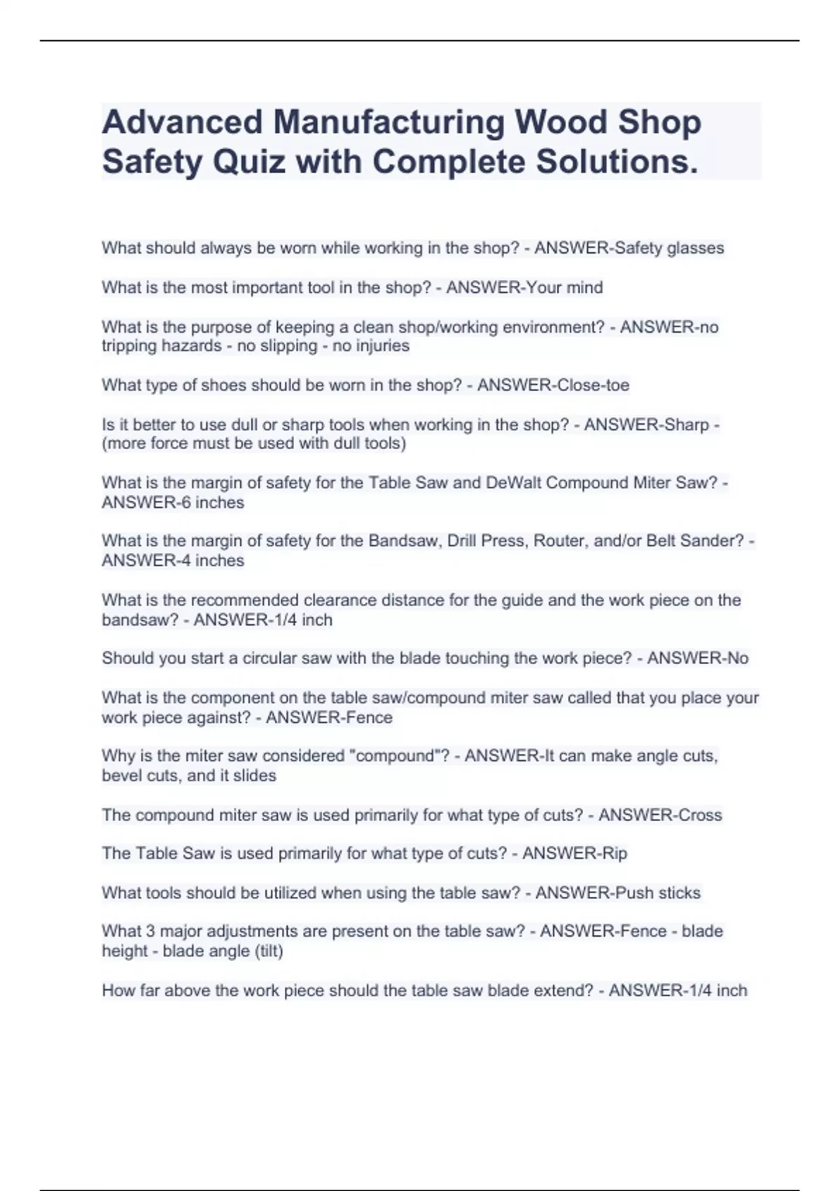 Advanced Manufacturing Wood Shop Safety Quiz with Complete Solutions ...